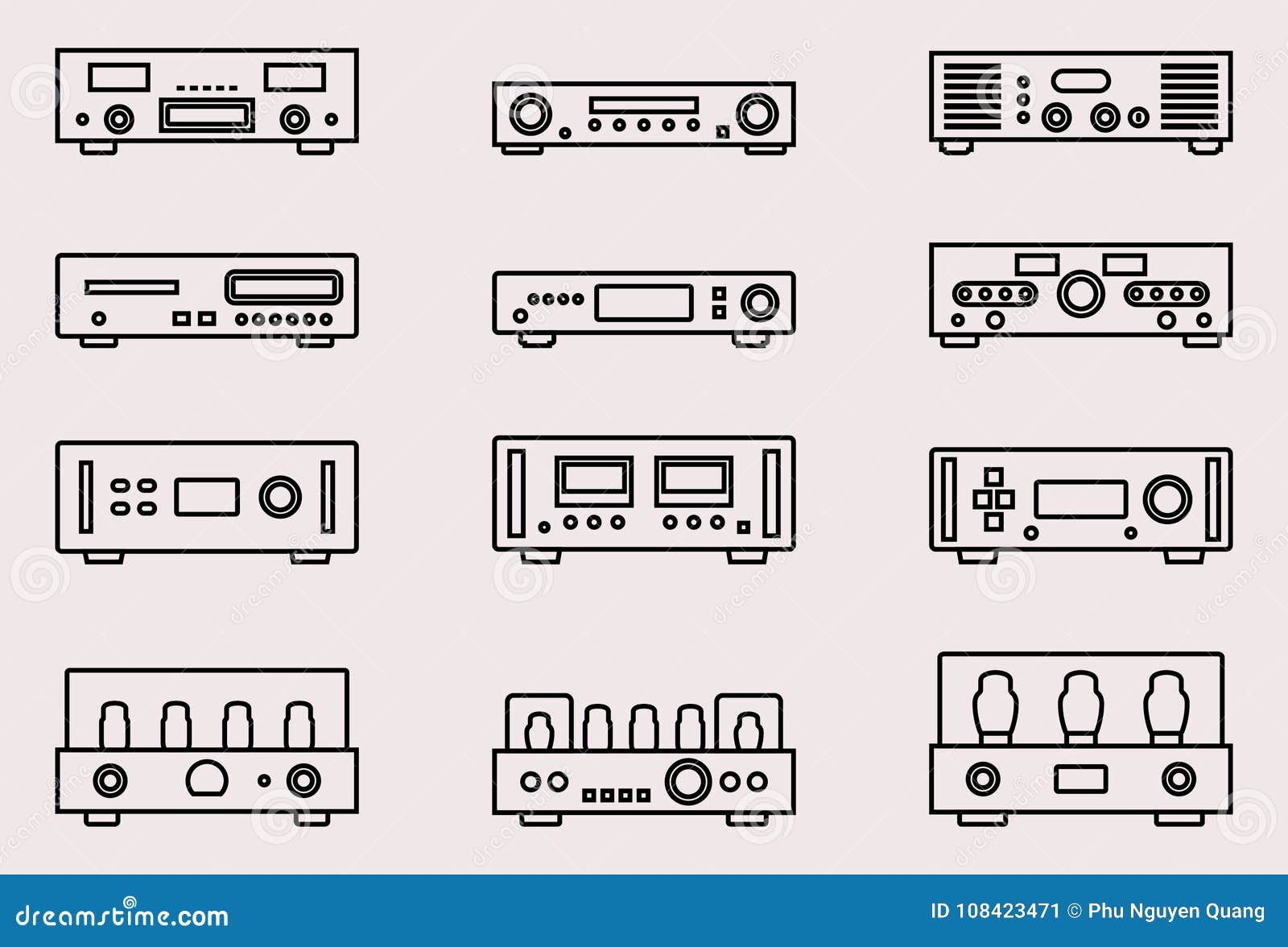 Audio Equipment Icon Set. Vector Thin Line. Amplifier and Cd Player ...