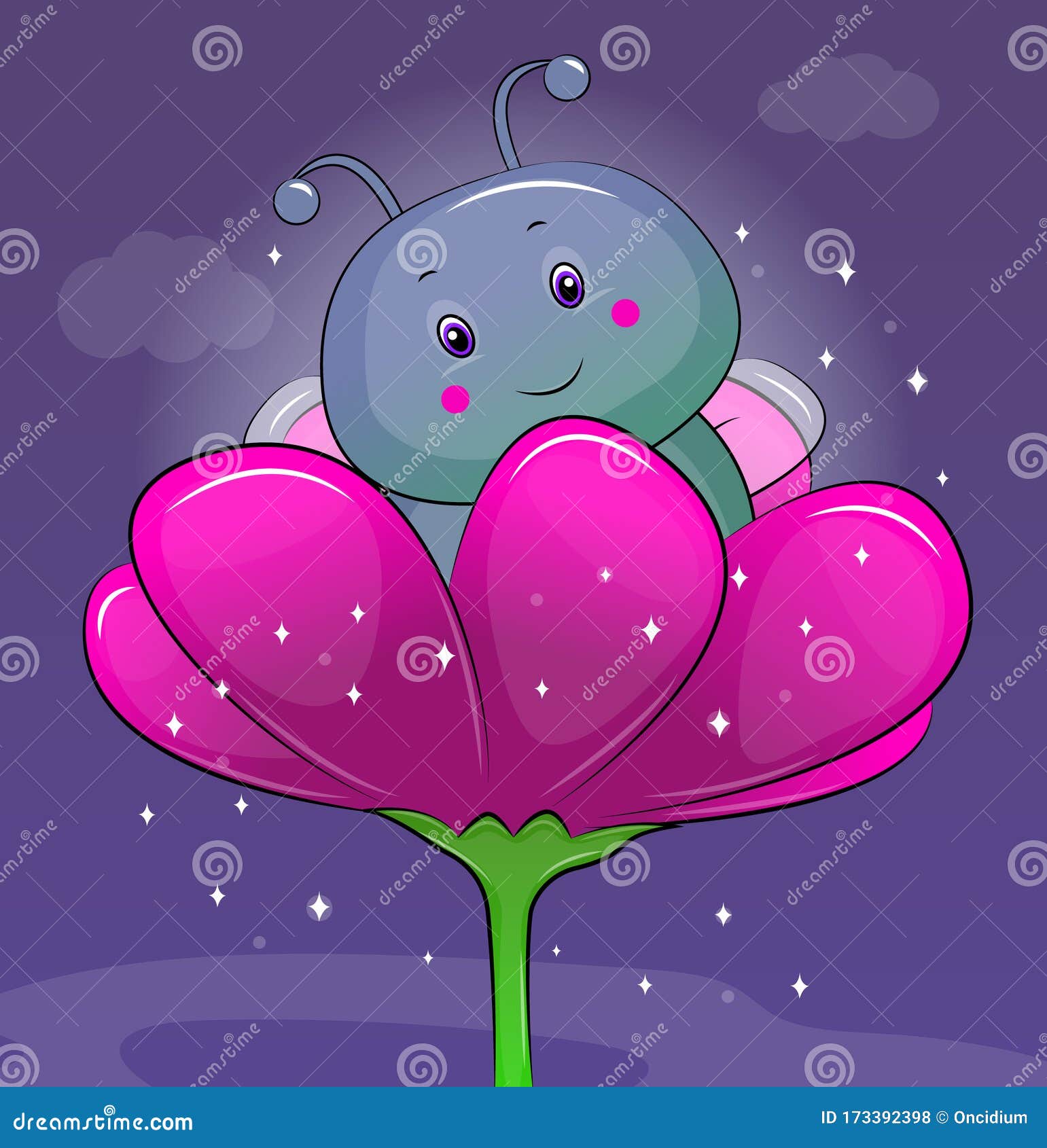 Cute Cartoon Bug on the Purple Flower. Stock Vector - Illustration of ...