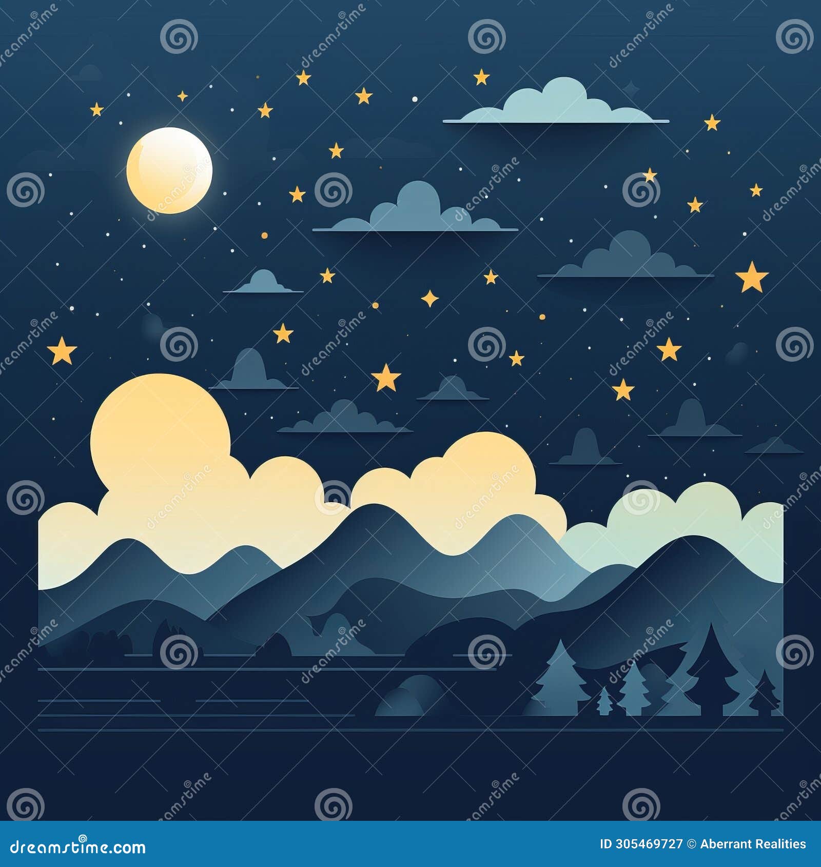Vector Illustration of Night Landscape with Stars Moon and Clouds Stock ...