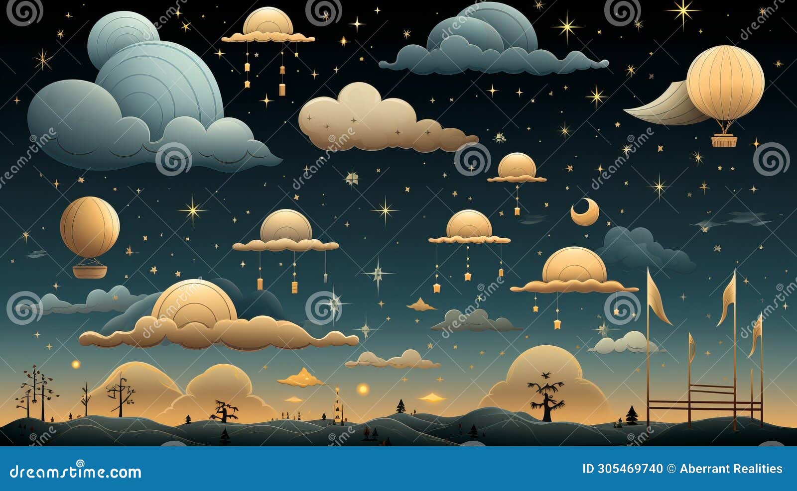 Vector Illustration of Night Sky with Clouds and Hot Air Balloons Stock ...