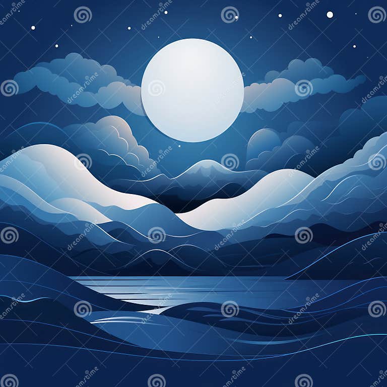Vector Illustration of the Night Sky with a Full Moon and Mountains ...