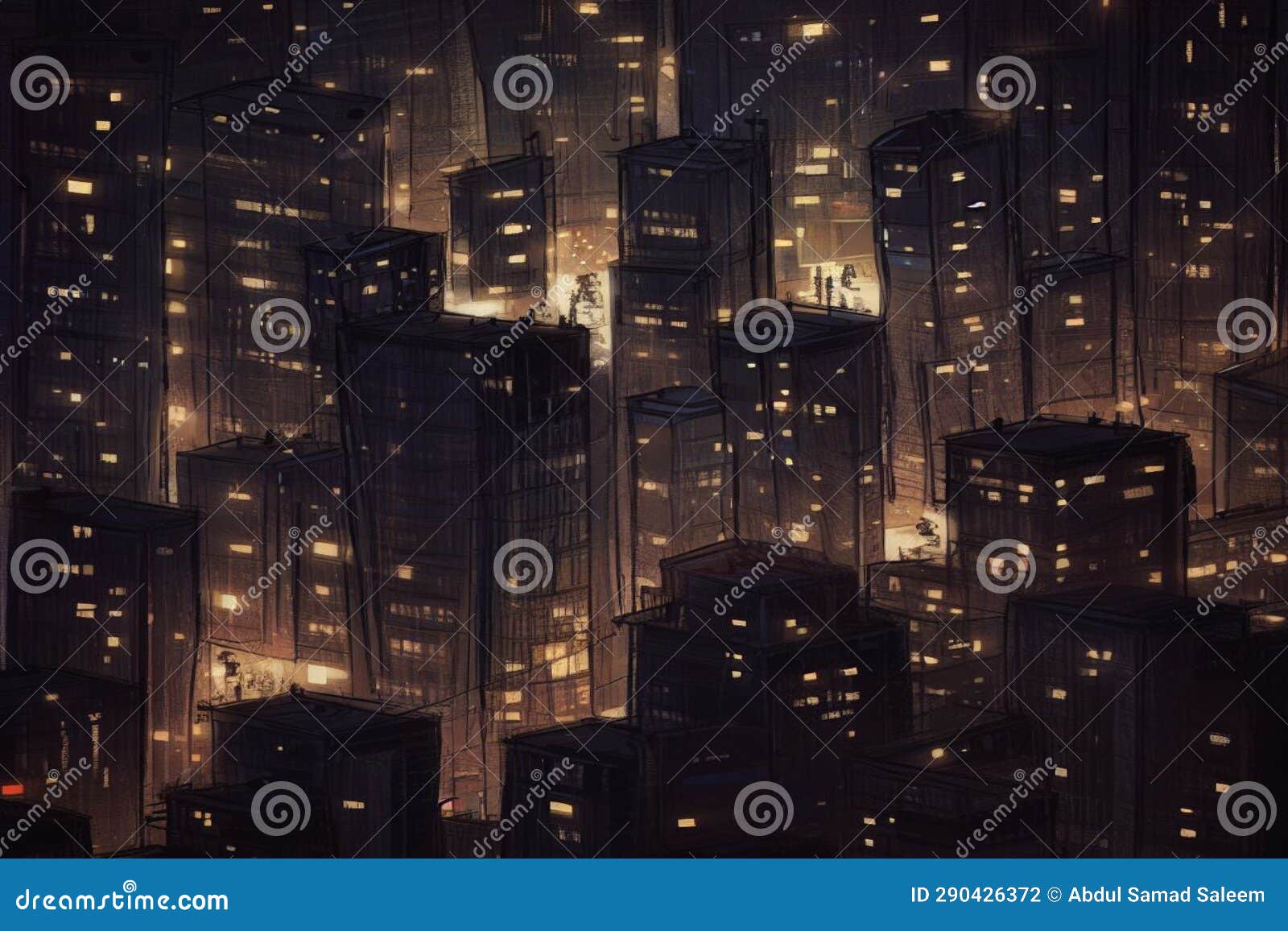 Vector Illustration of Night View of Buildings with Glowing Windows ...