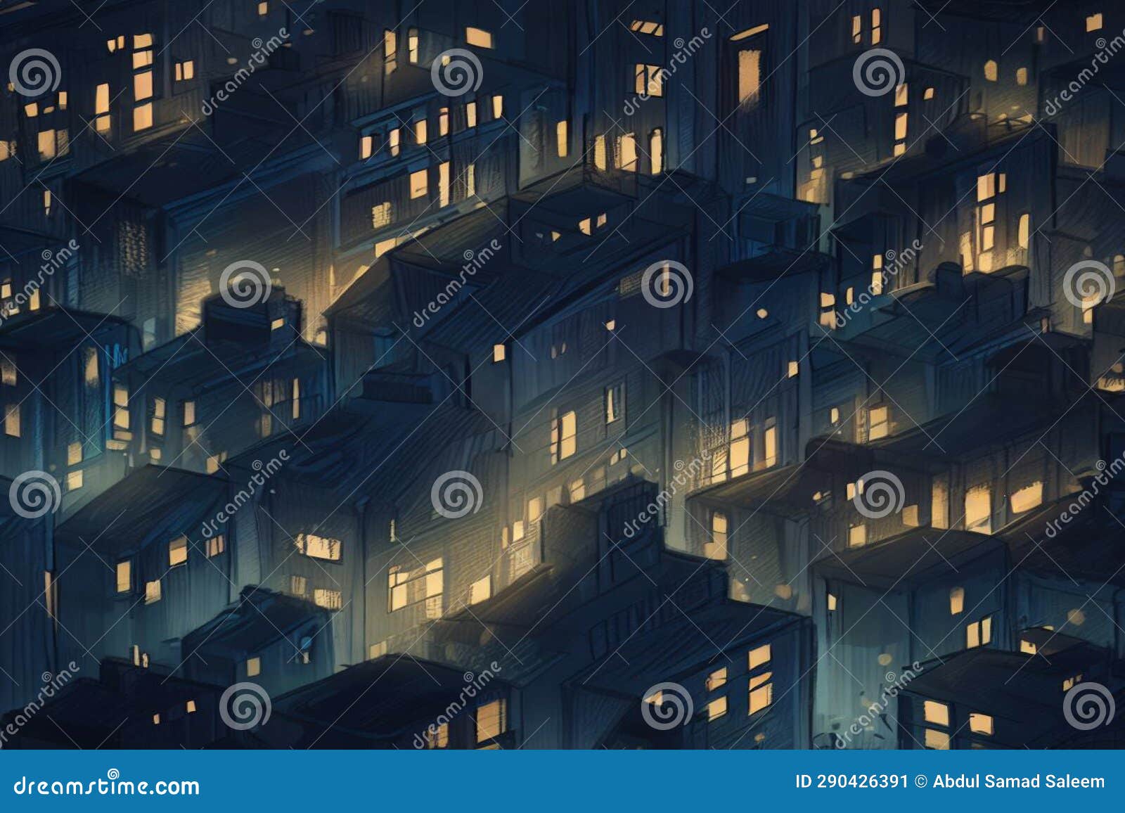 Vector Illustration of Night View of Buildings with Glowing Windows ...