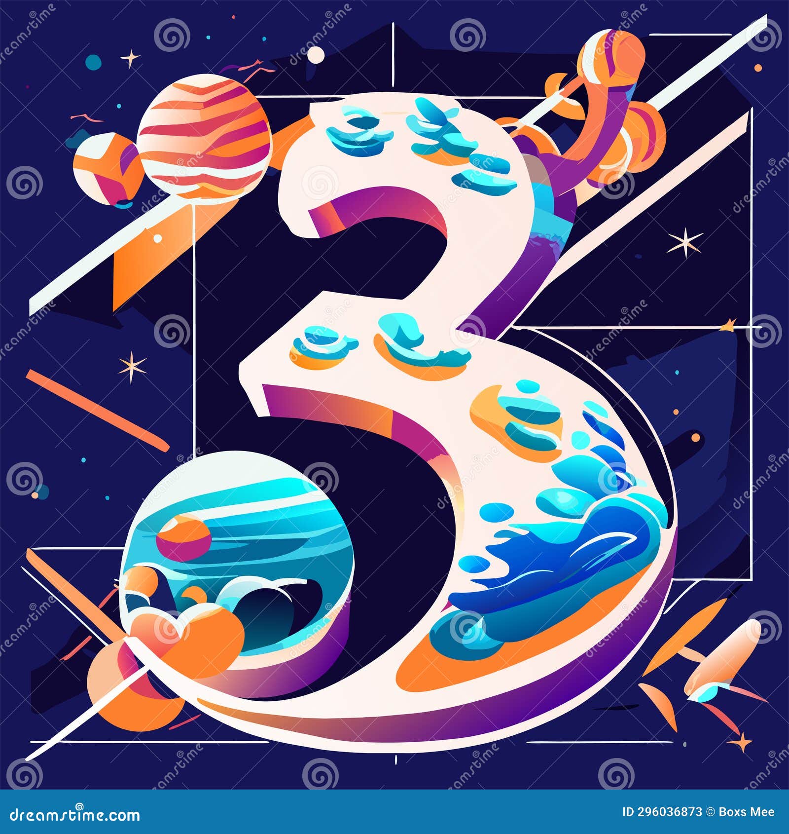 Vector Illustration of Number 3 in Space with Planets, Stars and ...