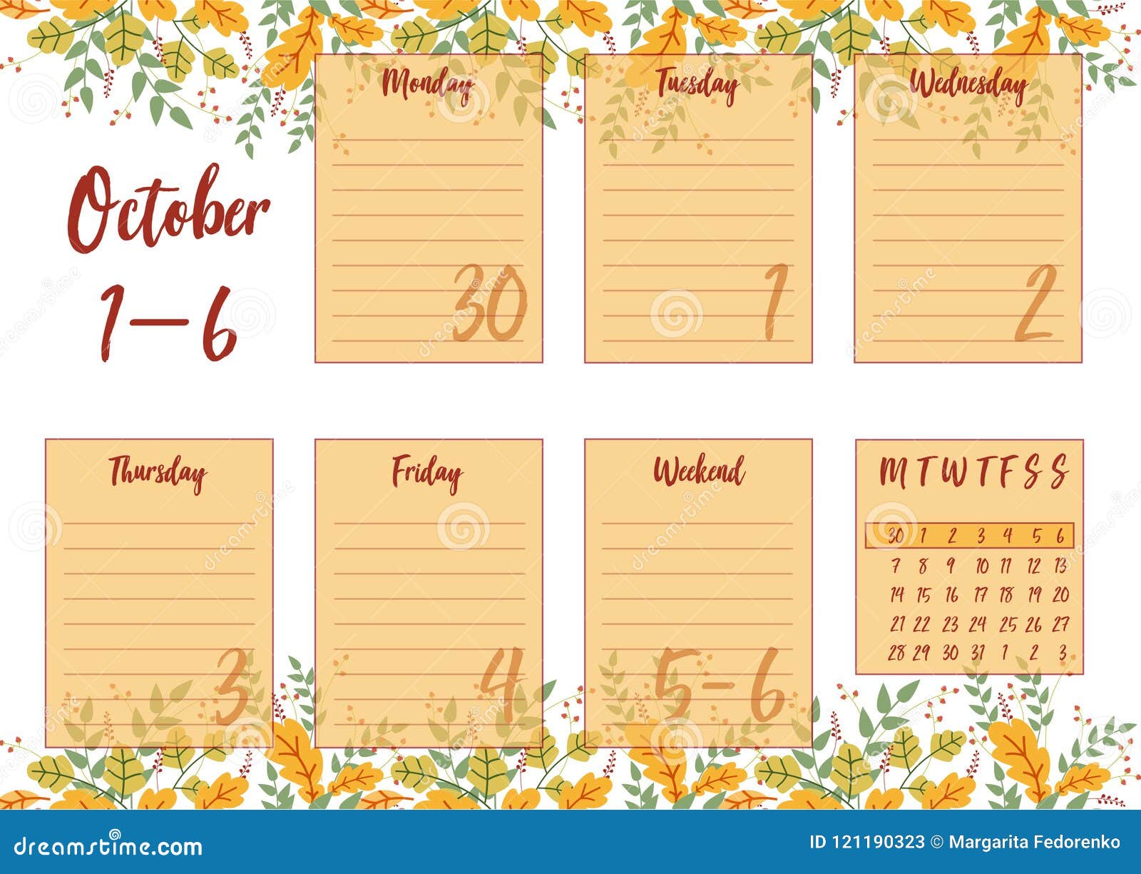 Vector Illustration of October 2019 Weekly Planner Stock Vector ...