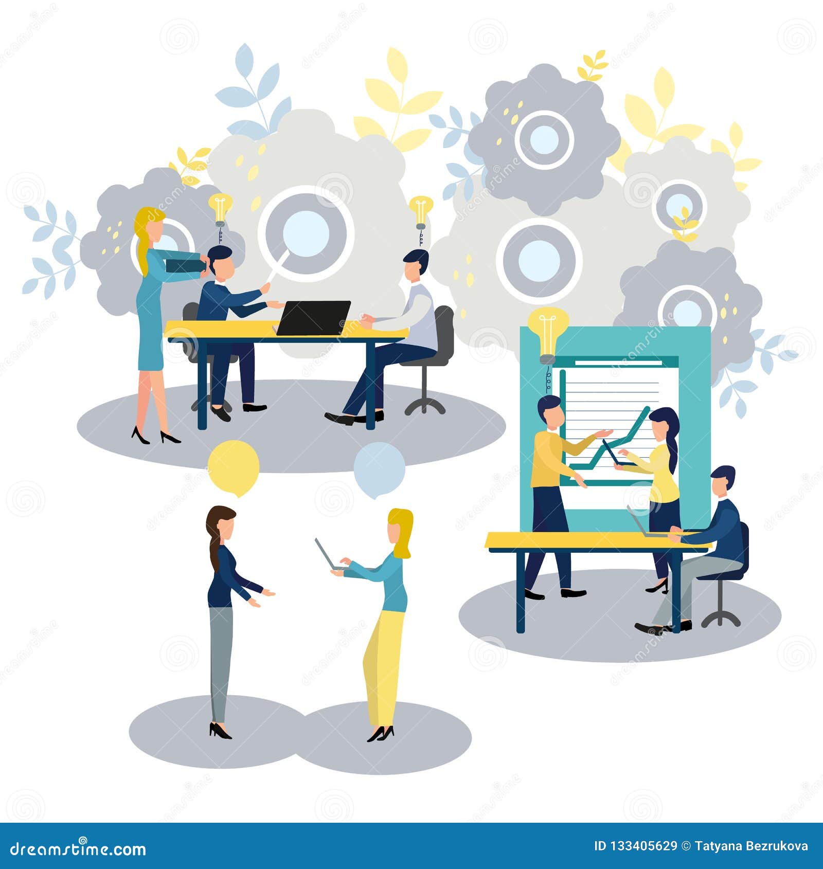 Vector Illustration. Office Staff Training. Team Thinking. Analytics ...