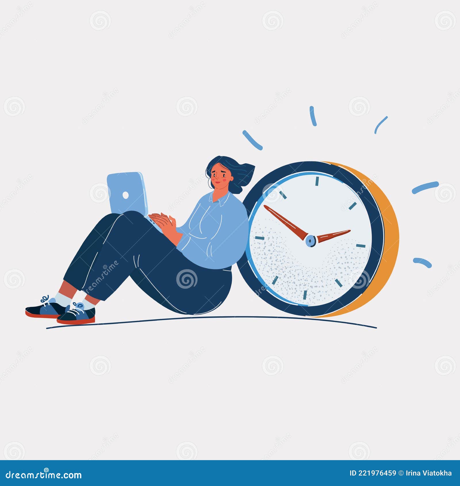 Vector Illustration of Office Worker Sitting Near Big Clock and Working ...