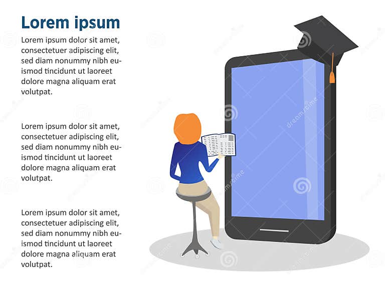 Online Training, Workshops and Courses Visualization Flat 3d. Small Girl and Big Telephone ...