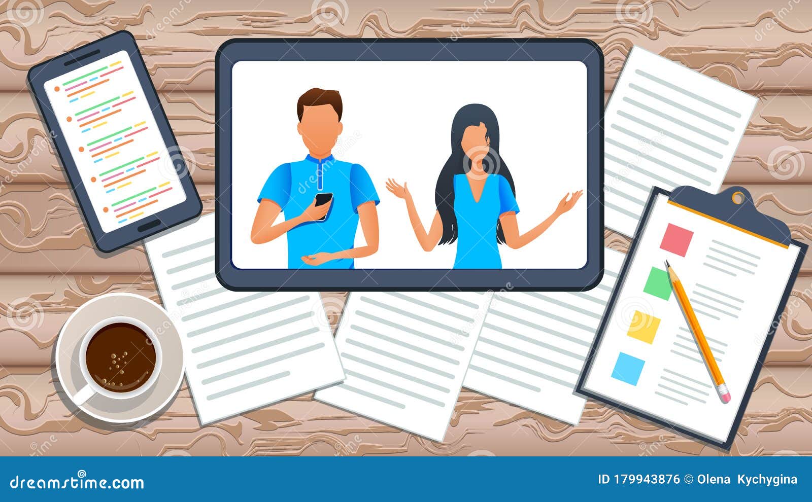 Vector Illustration, Online Video Conference, Business Team Having Chat ...