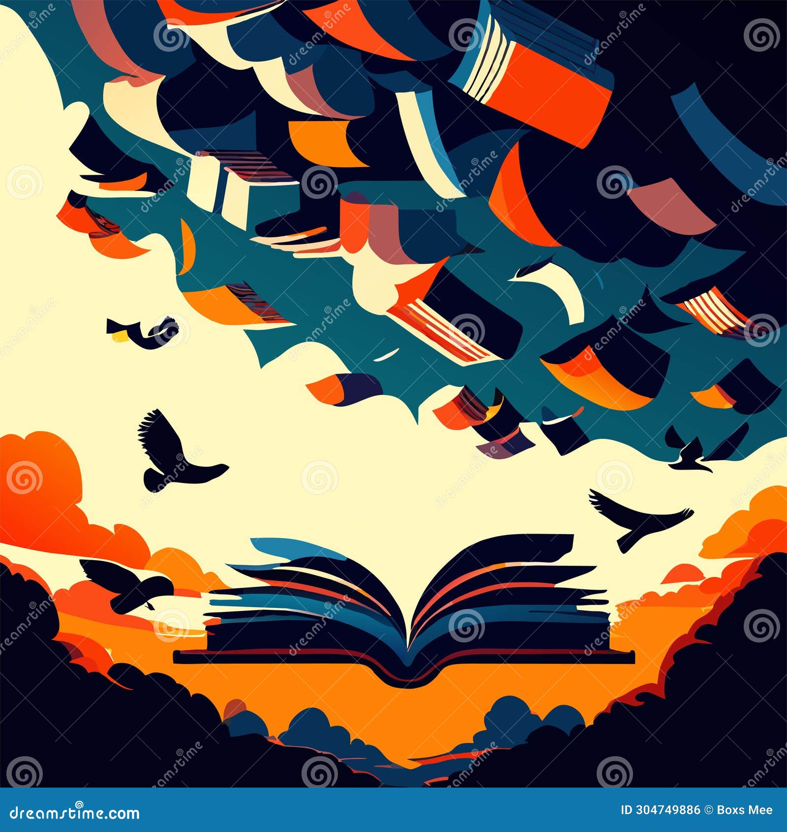 A Vector Illustration of an Open Book with Flying Birds in the Sky AI ...