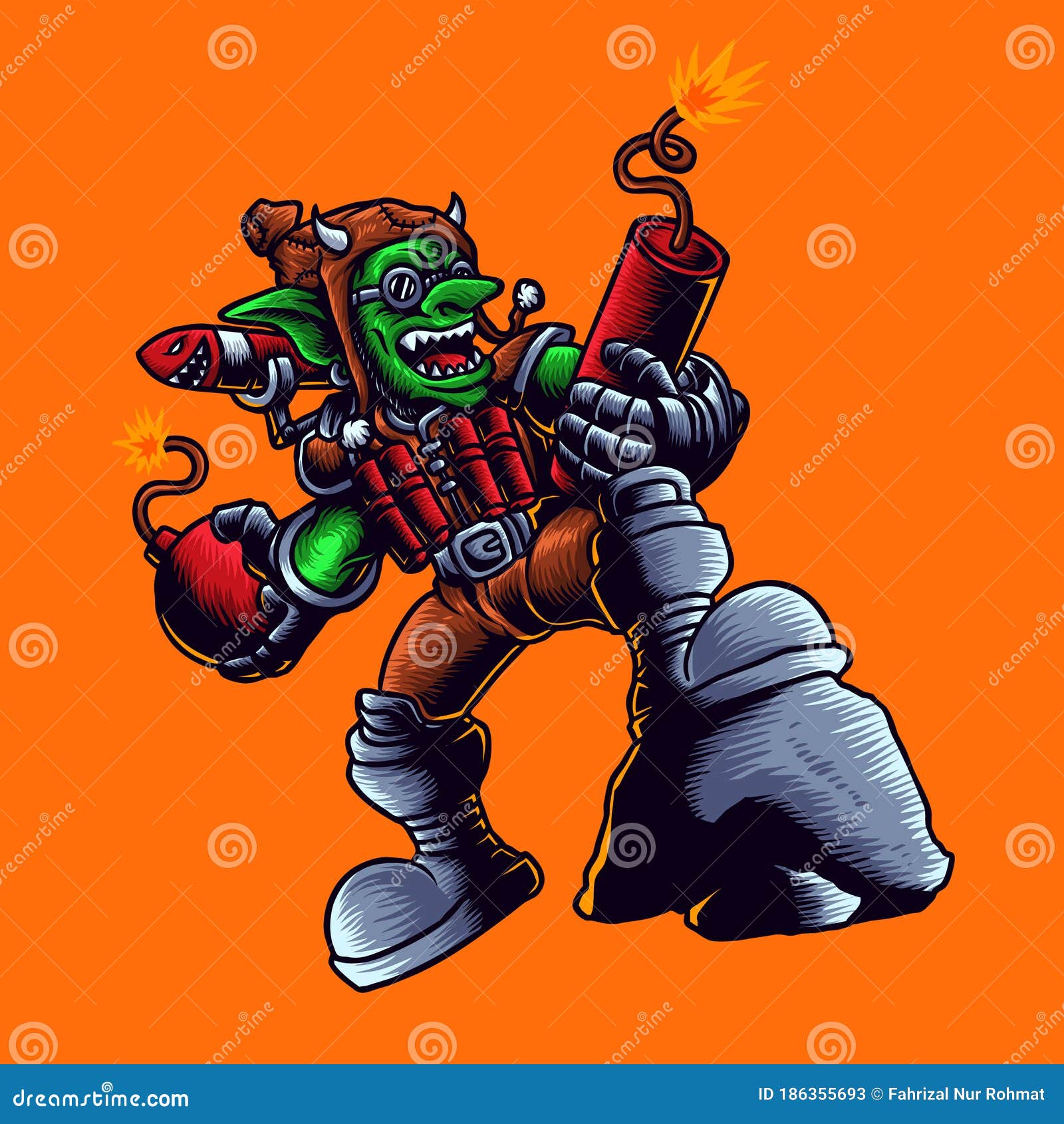 Vector Illustration of an Orc Warrior with Dynamite, Bomb, Rocket on ...