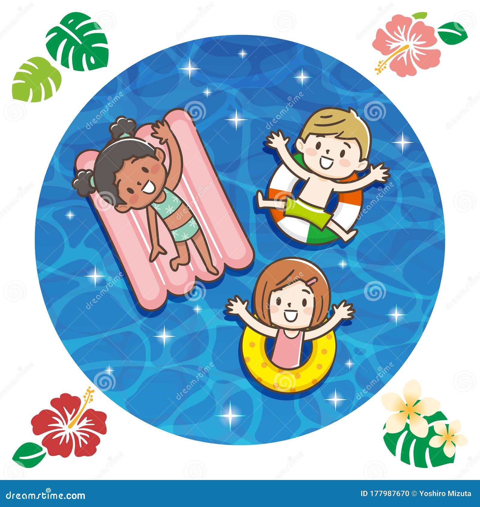 Vector Illustration of Kids Floating on Inflatable in the Pool Stock ...