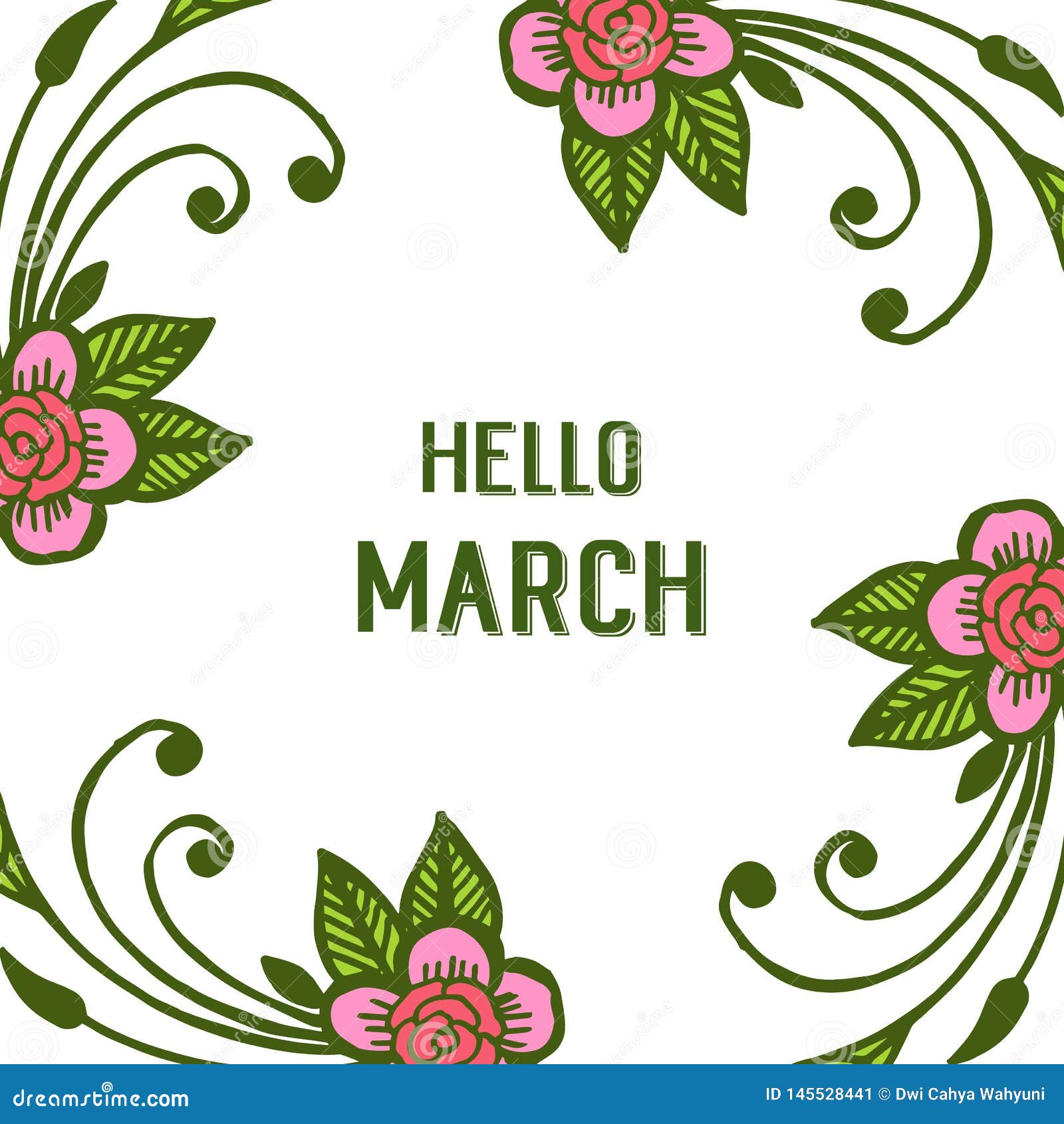 Vector Illustration Ornate Hello March with Bright Flowers Frame Stock ...