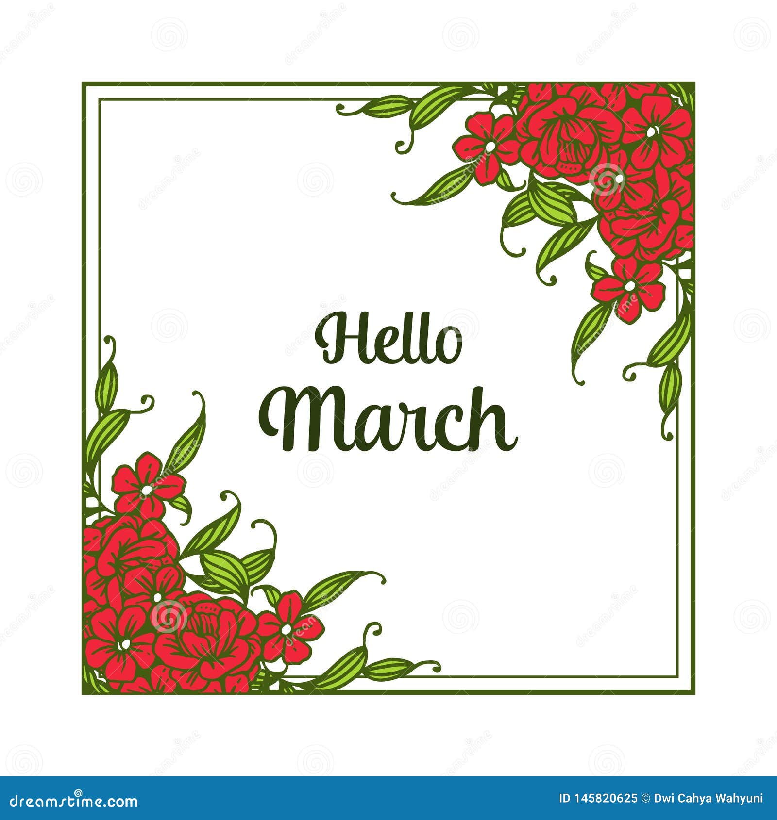 Vector Illustration Ornate Hello March with Bright Red Flower Frame ...