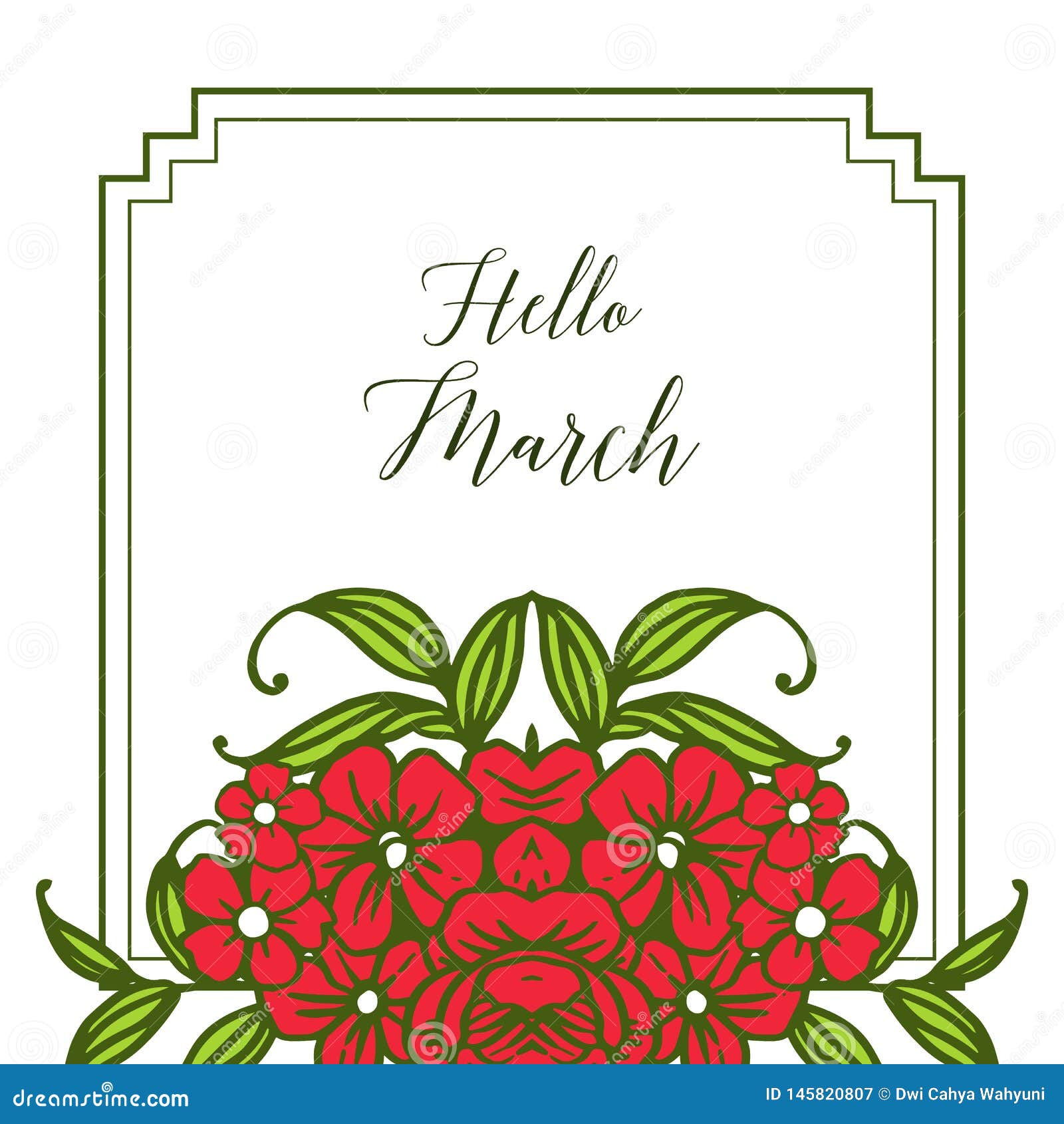 Vector Illustration Ornate Hello March with Bright Red Flower Frame ...