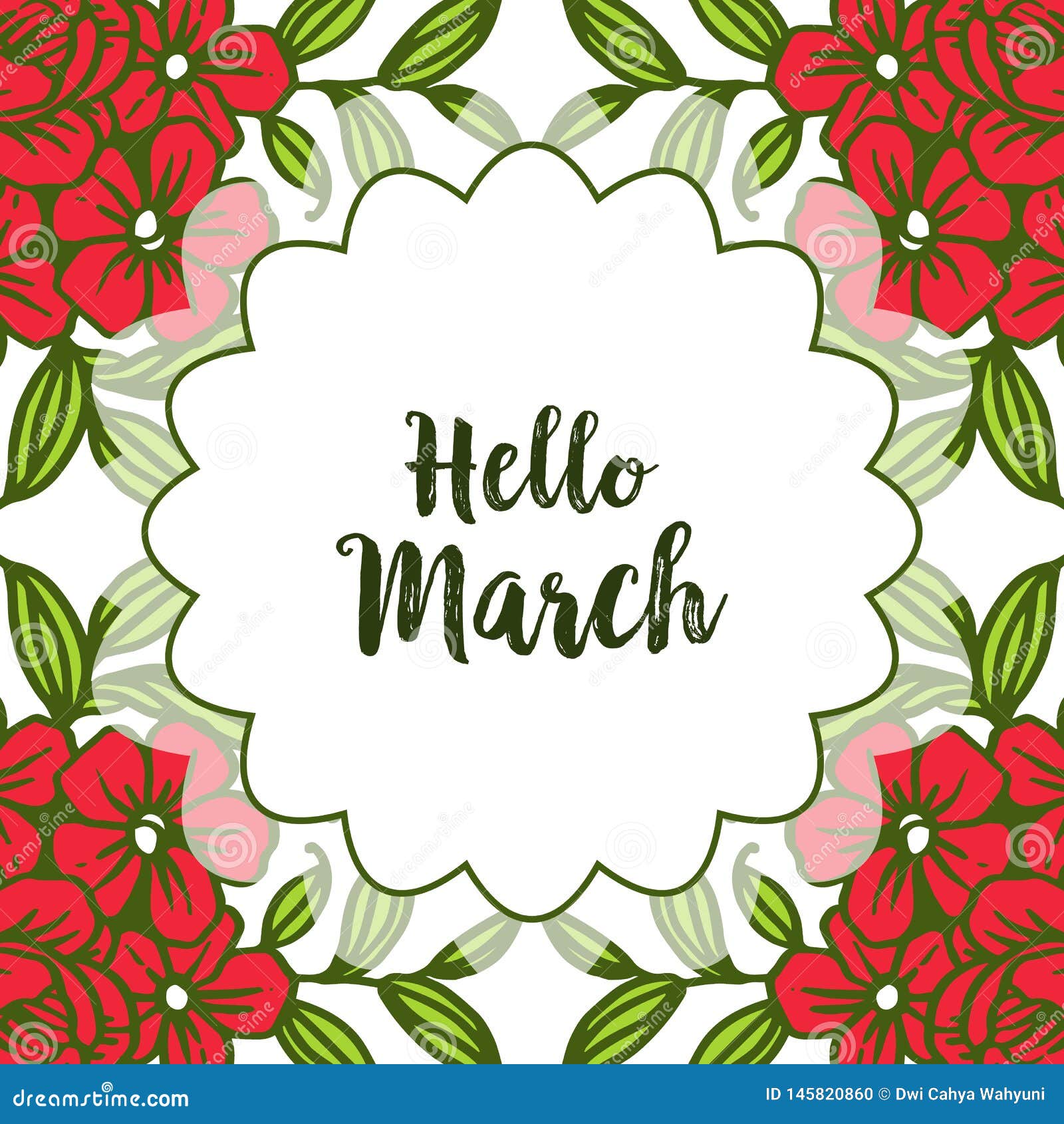 Vector Illustration Ornate Hello March with Bright Red Flower Frame ...