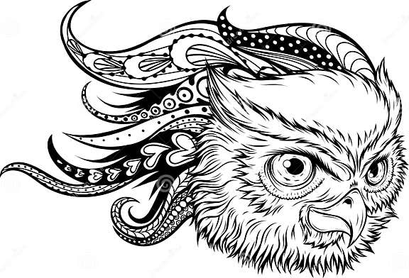 Vector Illustration of Outline Owl Head Design Stock Vector ...