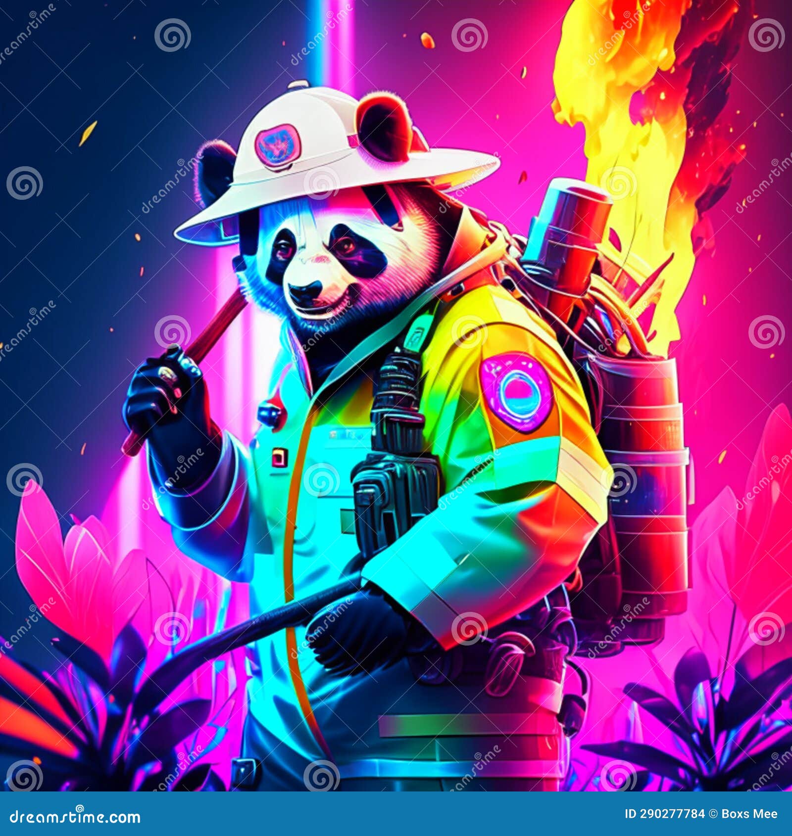 Vector Illustration of a Panda in a Firefighter Suit with a Fire ...