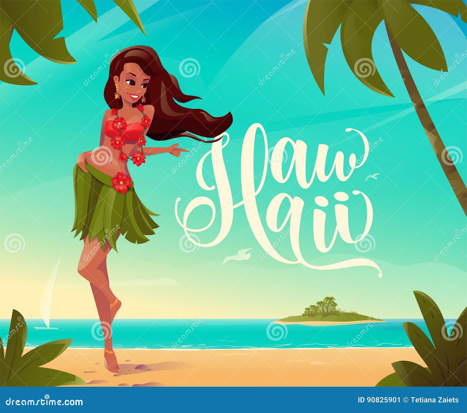 Vector Illustration Of Paradise Landscape With Smiling Long Haired Girl