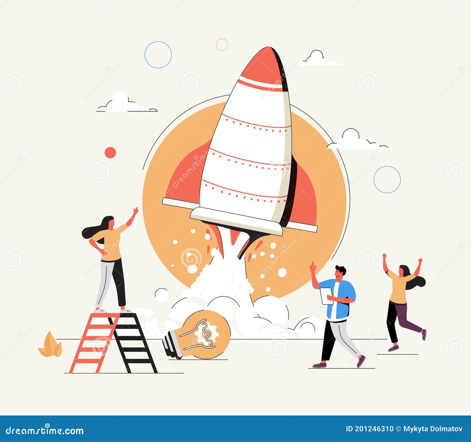 Vector Illustration People are Building a Spaceship Rocket. Cohesive ...