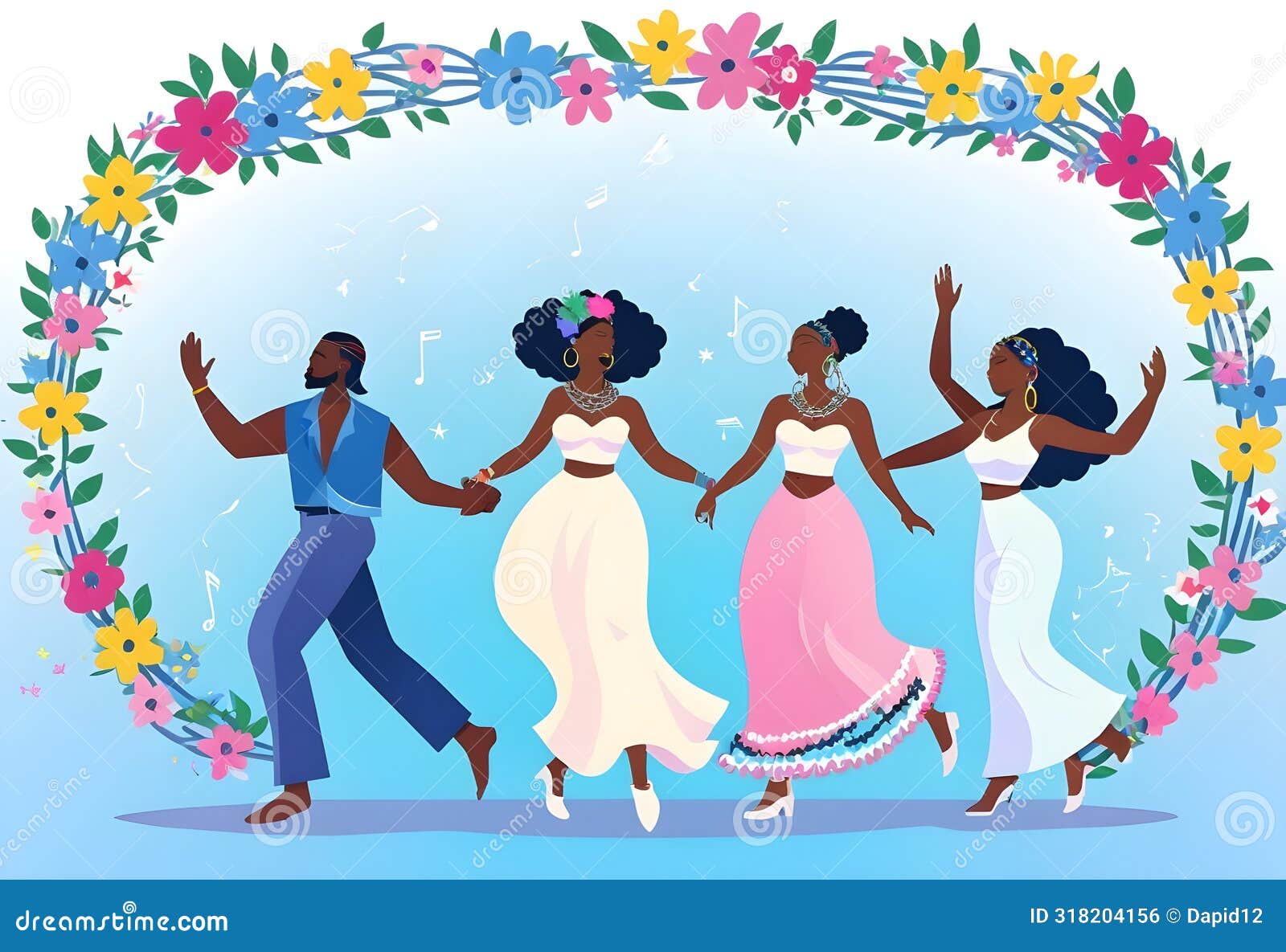 A Vector Illustration of People Dancing in a Circle with Flowers Stock ...