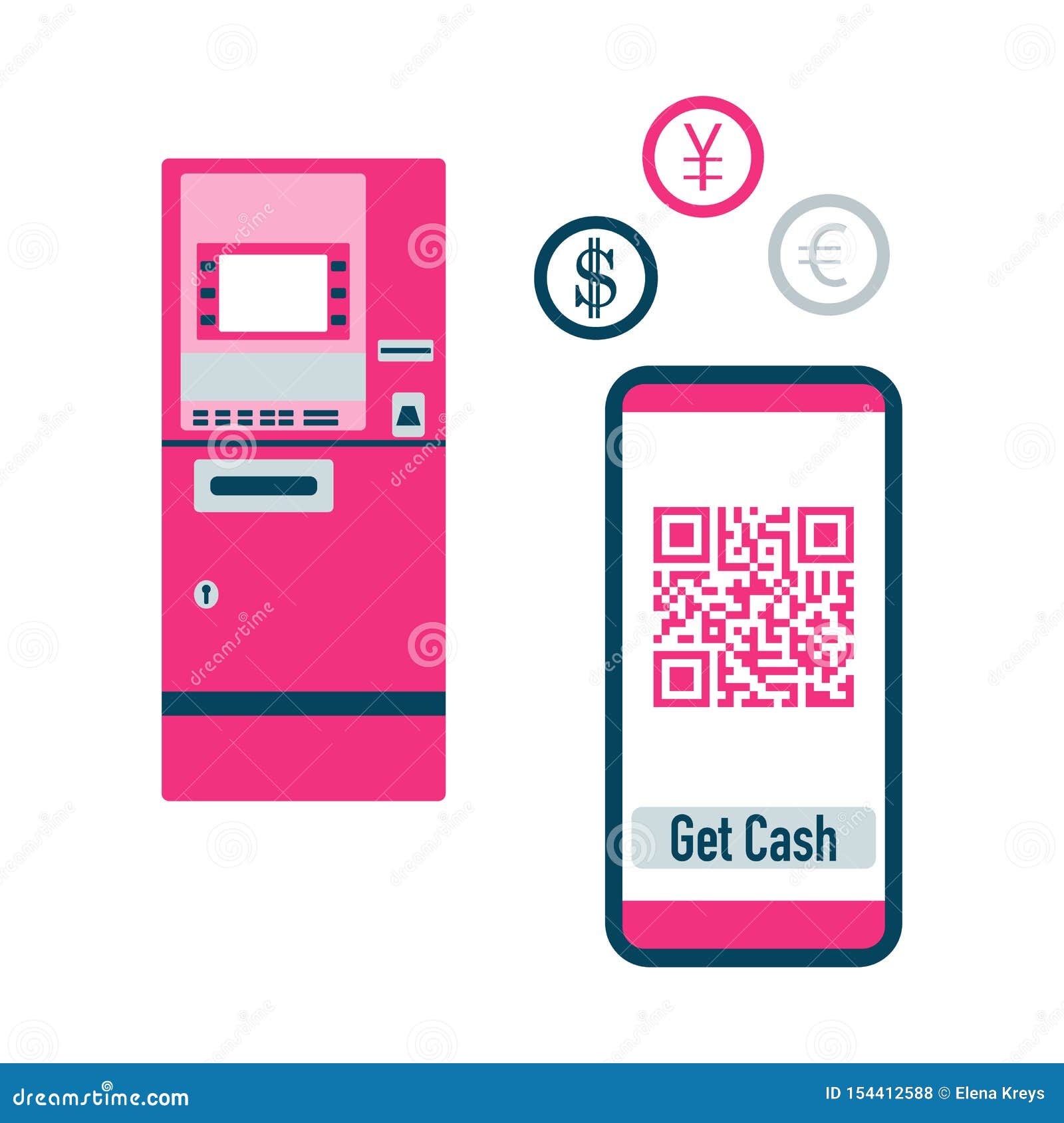 Phone With Qr Code Atm Cash Withdrawal Vector Stock Vector