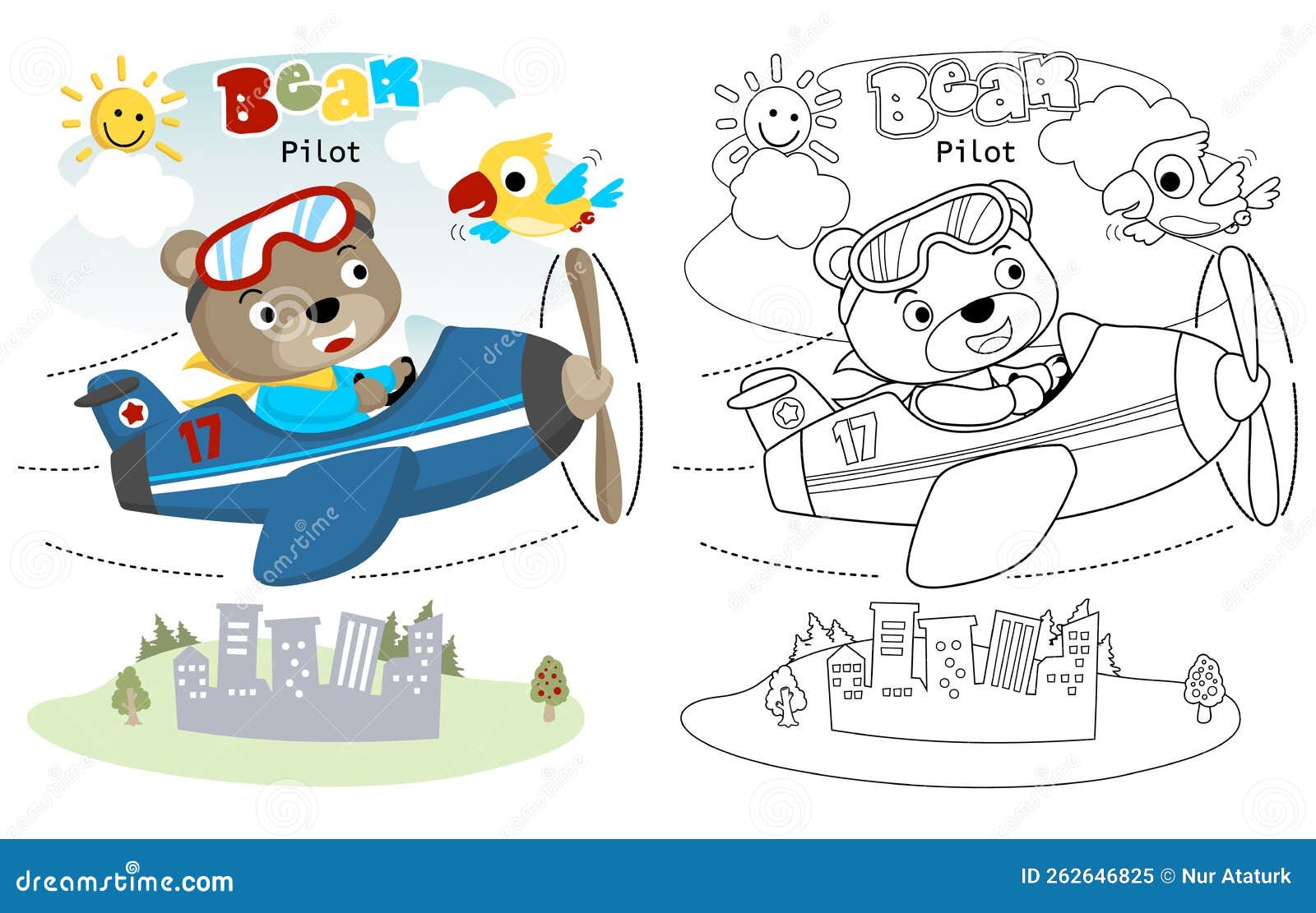 Vector Illustration of Pilot Bear on Airplane with Little Bird ...