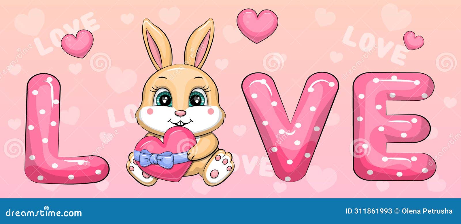 Word Love And Cute Cartoon Bunny With Pink Heart Stock Vector
