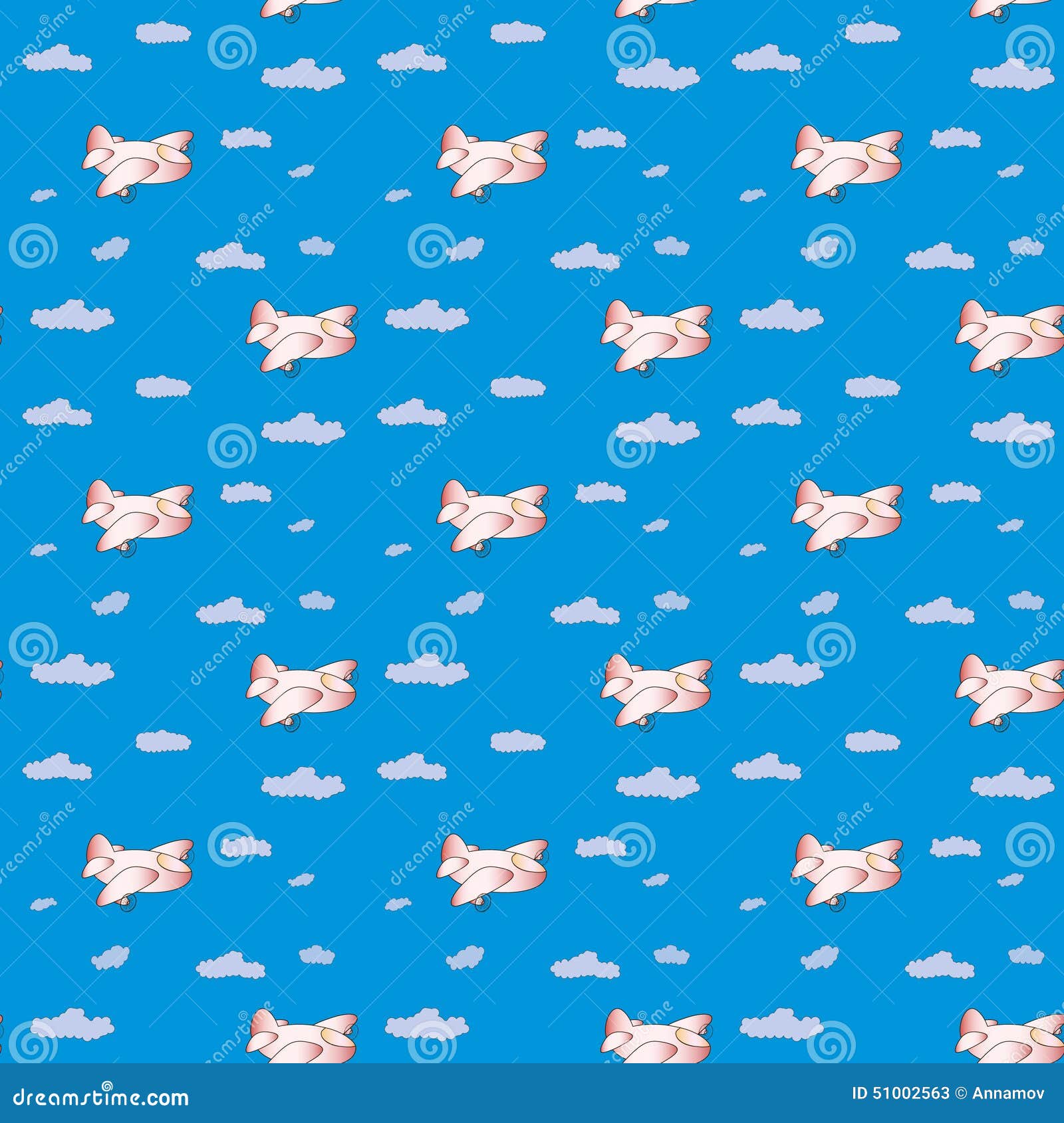 Vector Illustration of a Pink Cartoon Airplane in the Sky Seamless ...