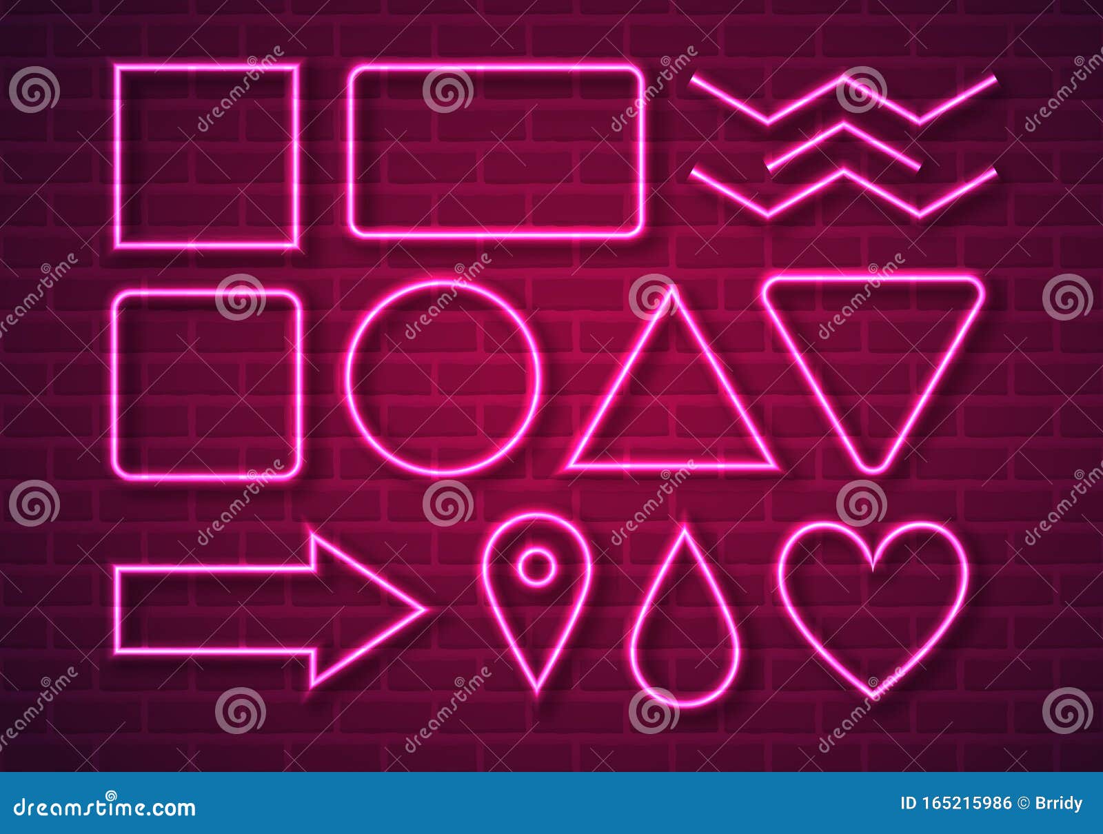 Vector Illustration of Pink Neon Shapes on Brick Wall. Electronic Neon ...