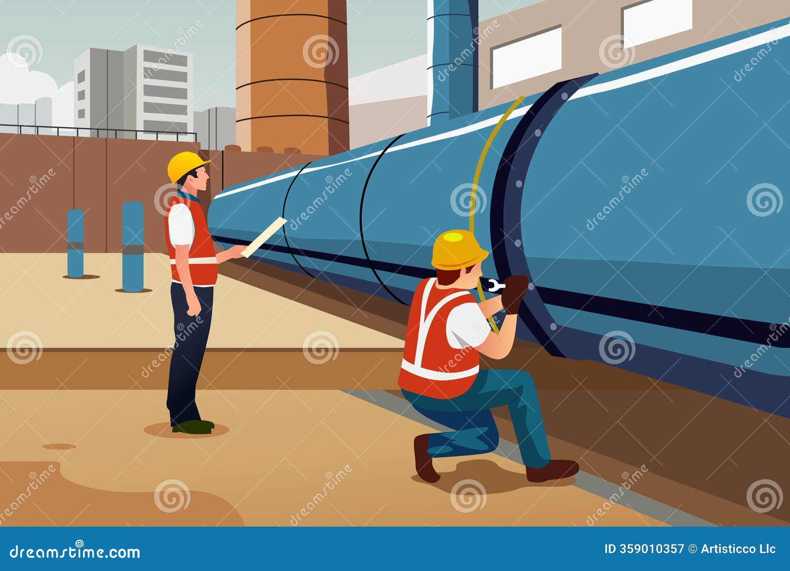 Pipefitters Worker Working on Big Pipes Vector Illustration Stock ...