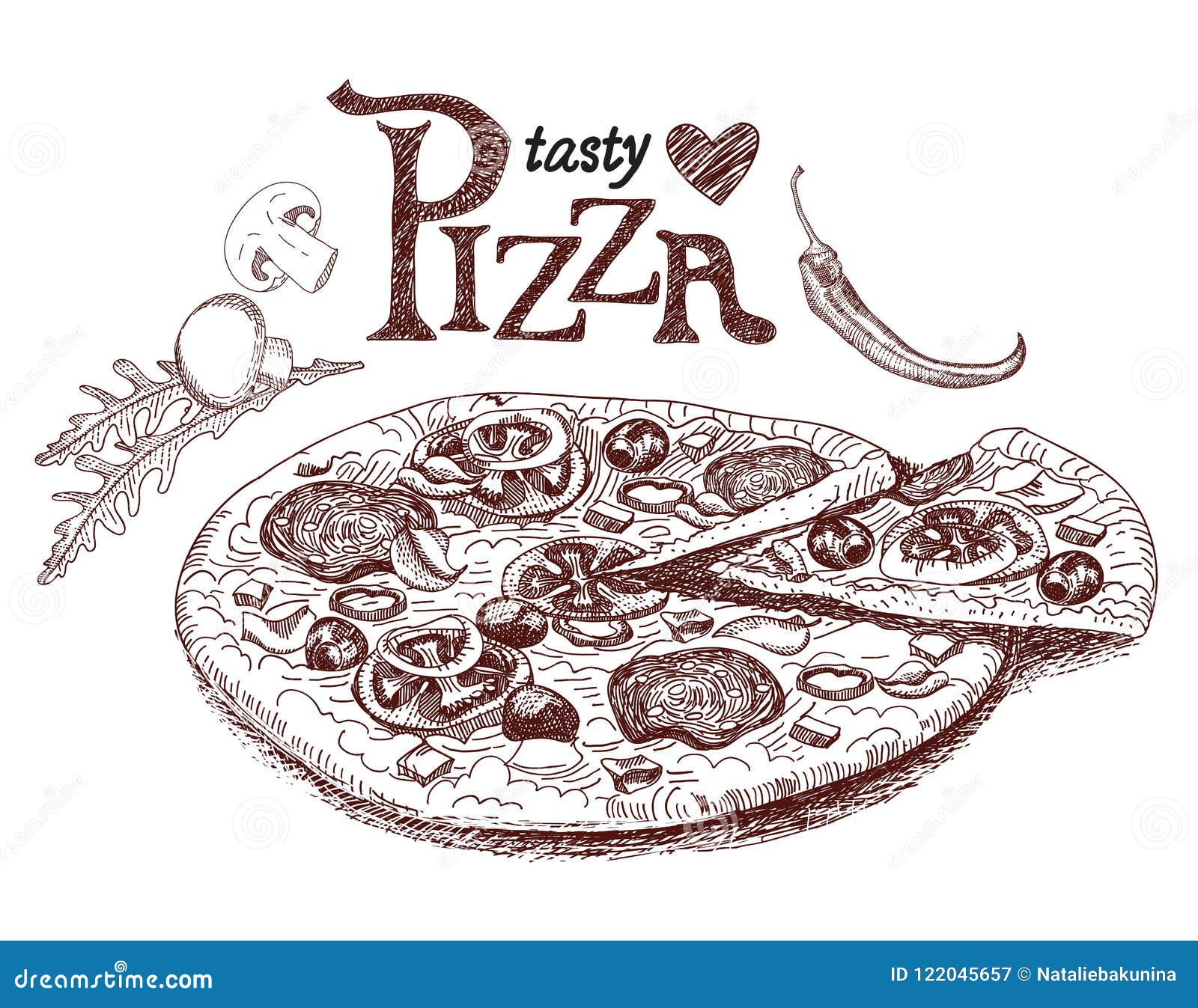 Sketch of pizza. Vector. stock vector. Illustration of cafe - 122045657
