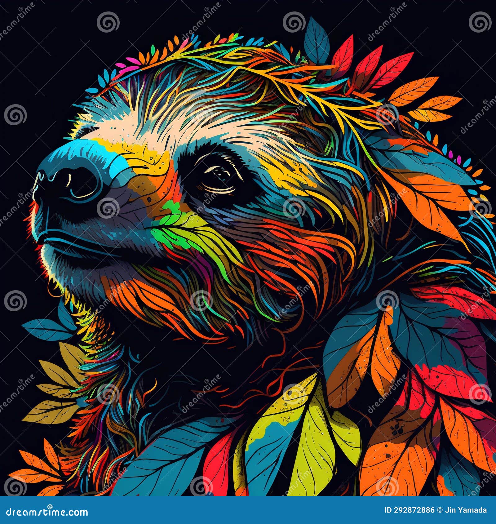 Vector Illustration of a Portrait of a Sloth with Colorful Feathers ...