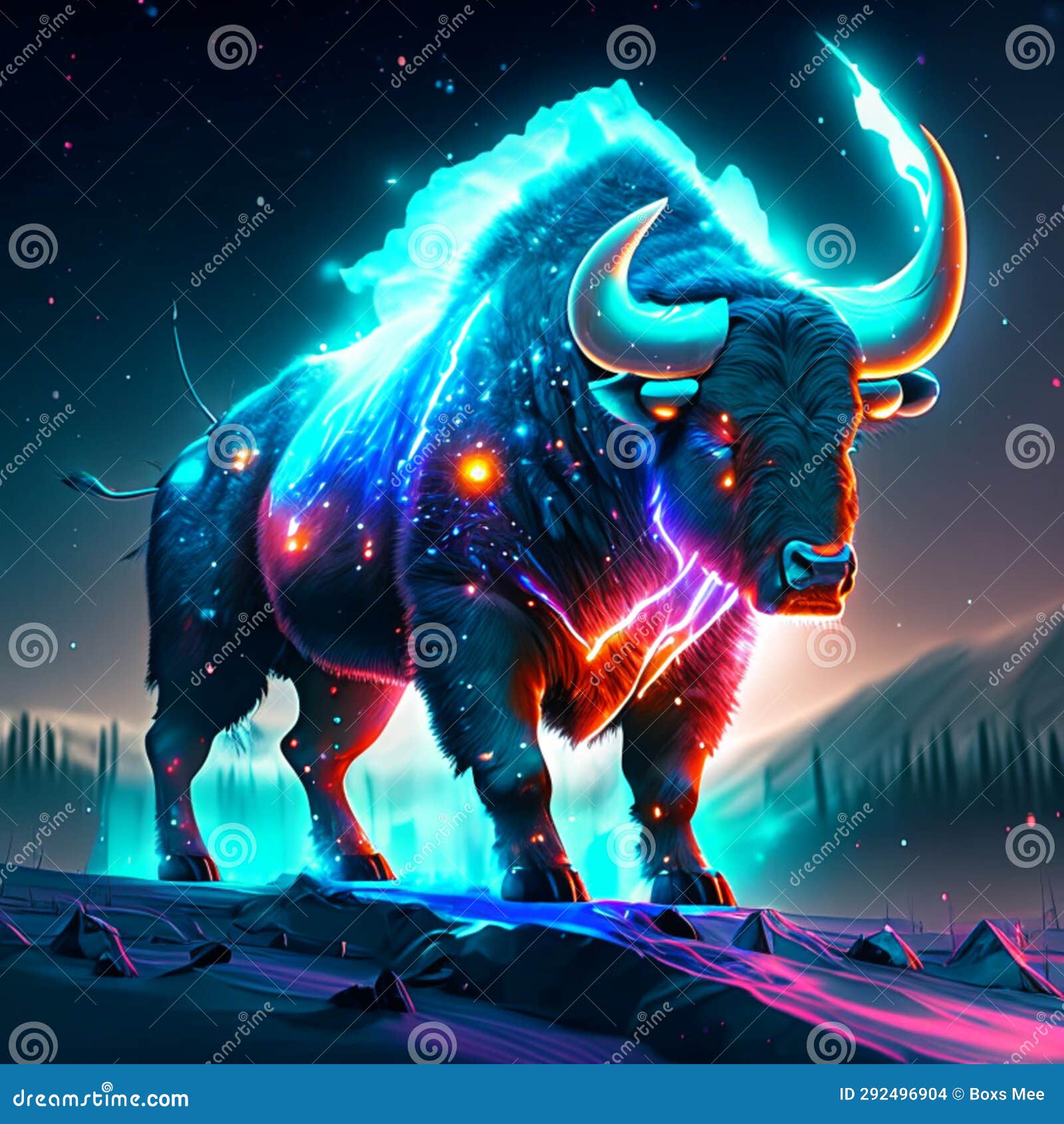 Vector Illustration of a Powerful Bison on a Background of the Night ...
