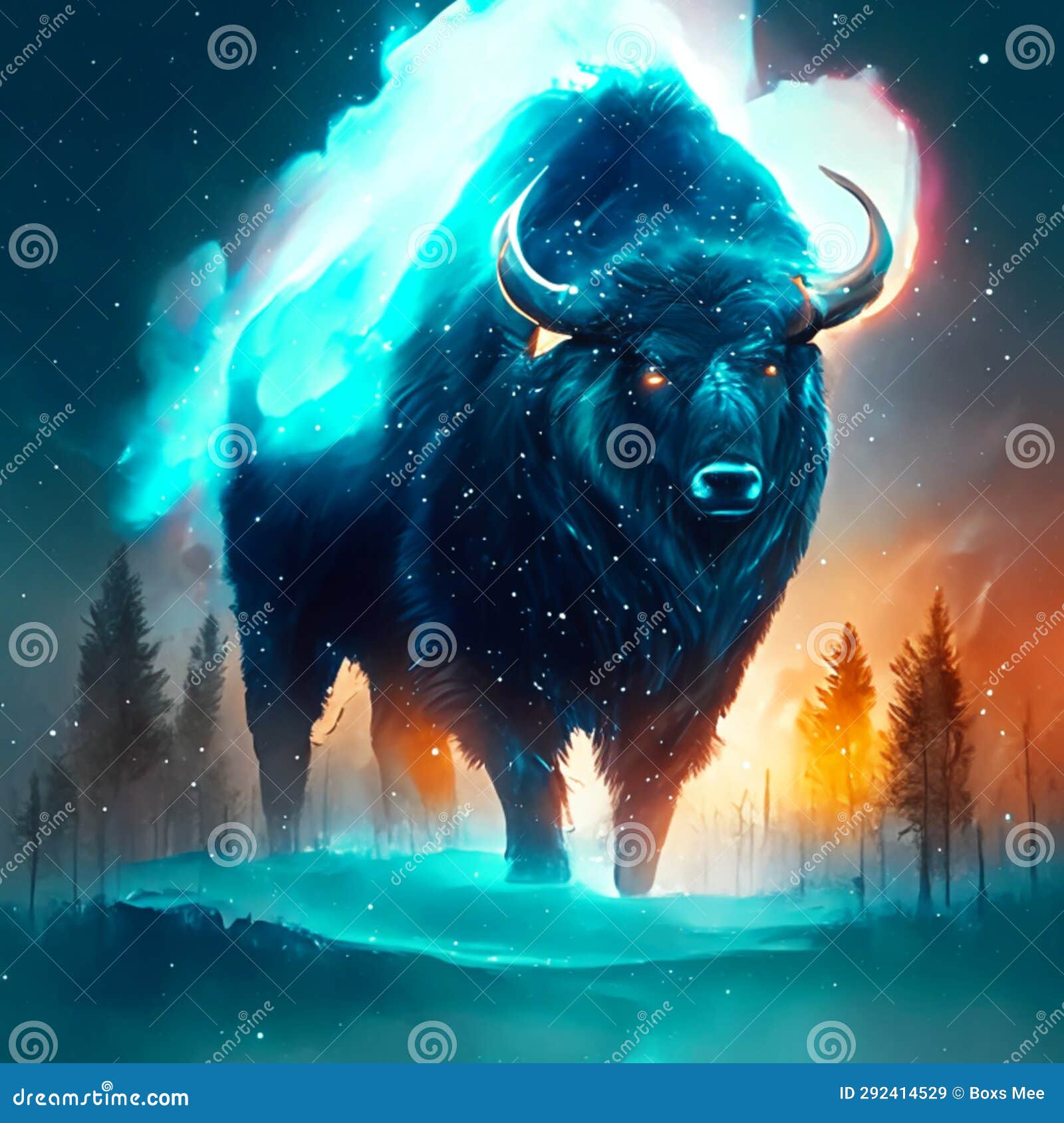 Vector Illustration of a Powerful Bison in the Forest at Night ...