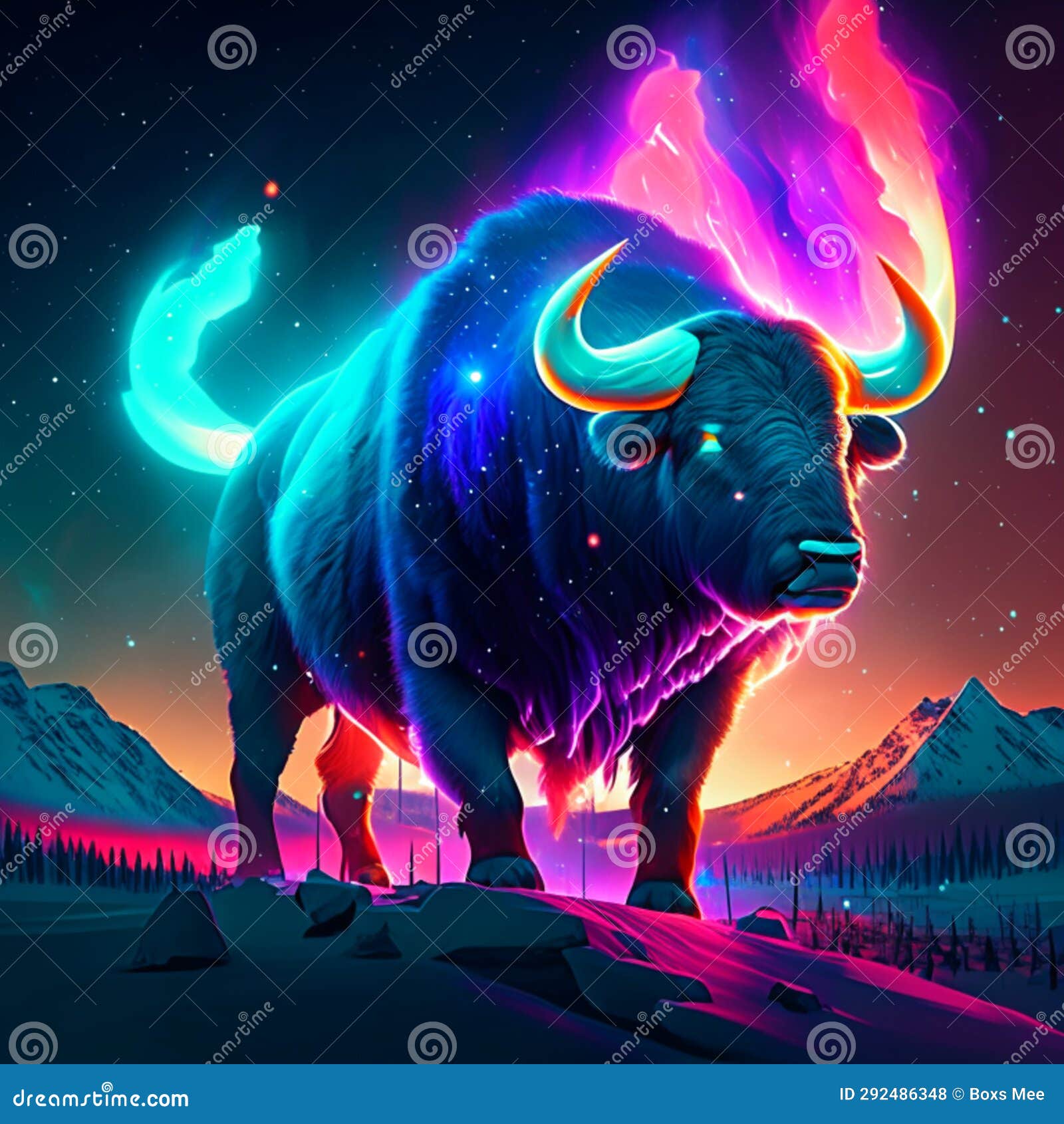 Vector Illustration of Powerful Bison in the Night Sky with Stars ...