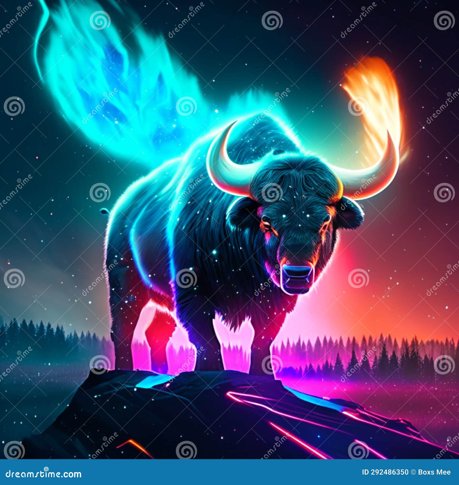 Vector Illustration of a Powerful Powerful Bison on the Background of ...