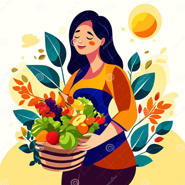 Vector Illustration Of A Pregnant Woman With A Basket Of Fresh Fruits And Vegetables Ai