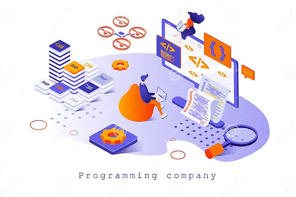 Programming Company Concept in 3D Isometric Design Developer Coding and ...