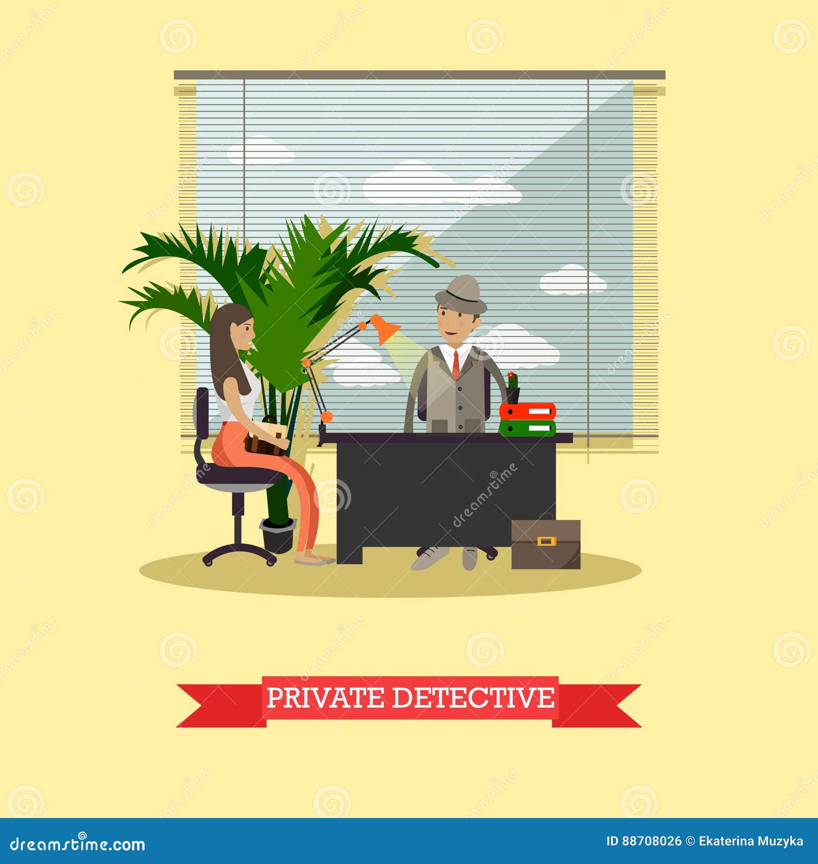 Vector Illustration of Private Detective at Office with Client Stock ...
