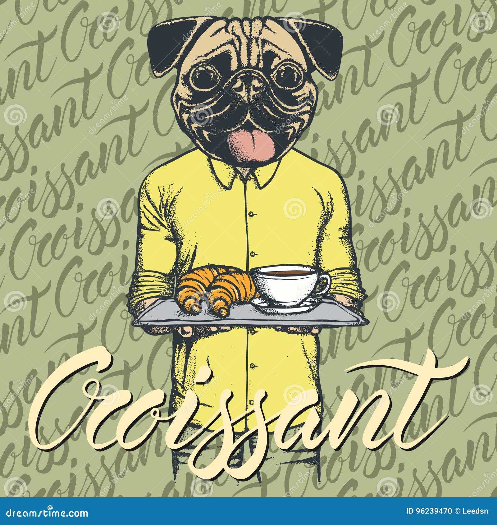 Vector Illustration of Pug Dog with Croissant and Coffee Stock Vector ...