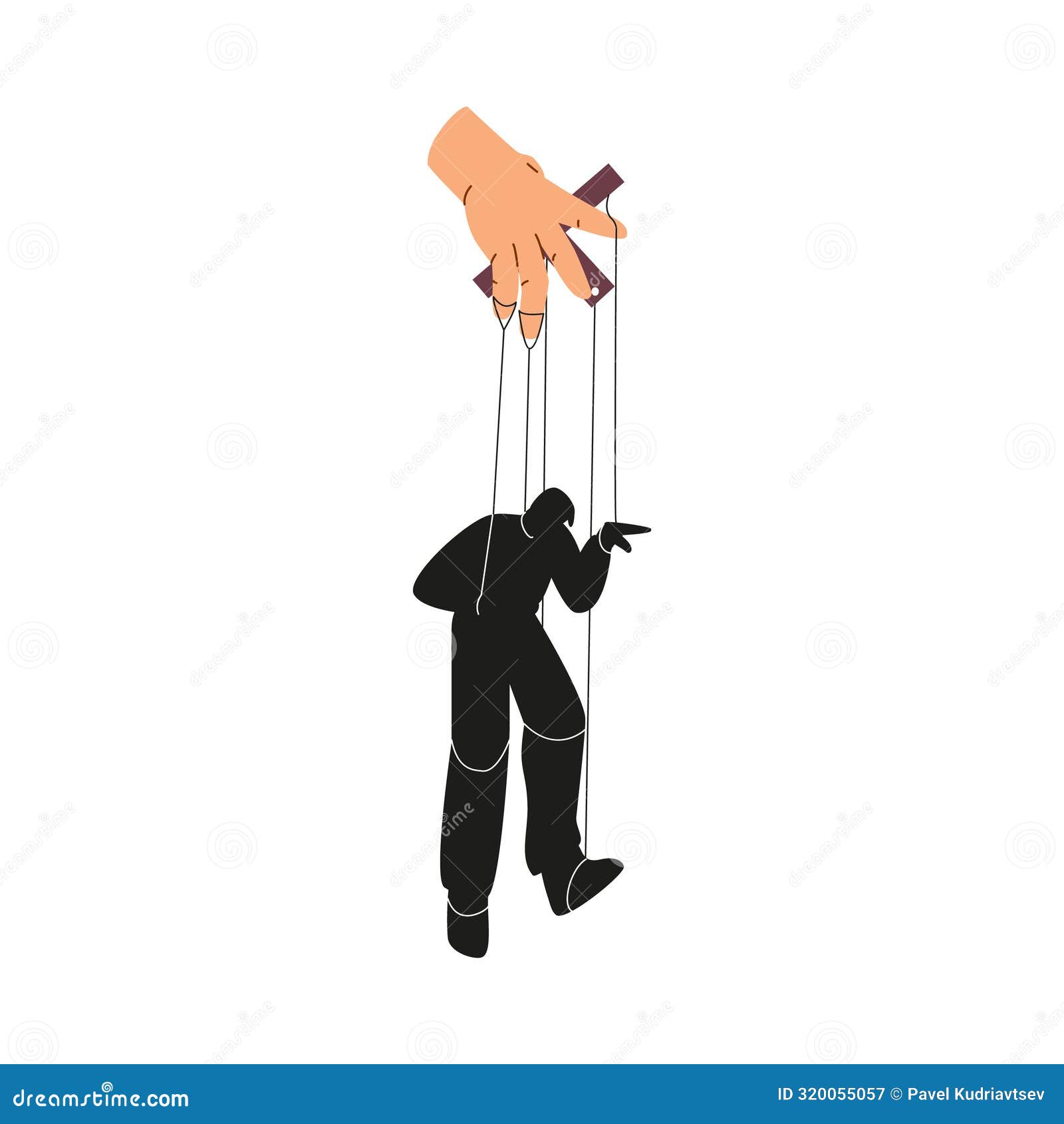 Vector Illustration A Puppet Guy On Strings, Controlled By A Hand, A ...