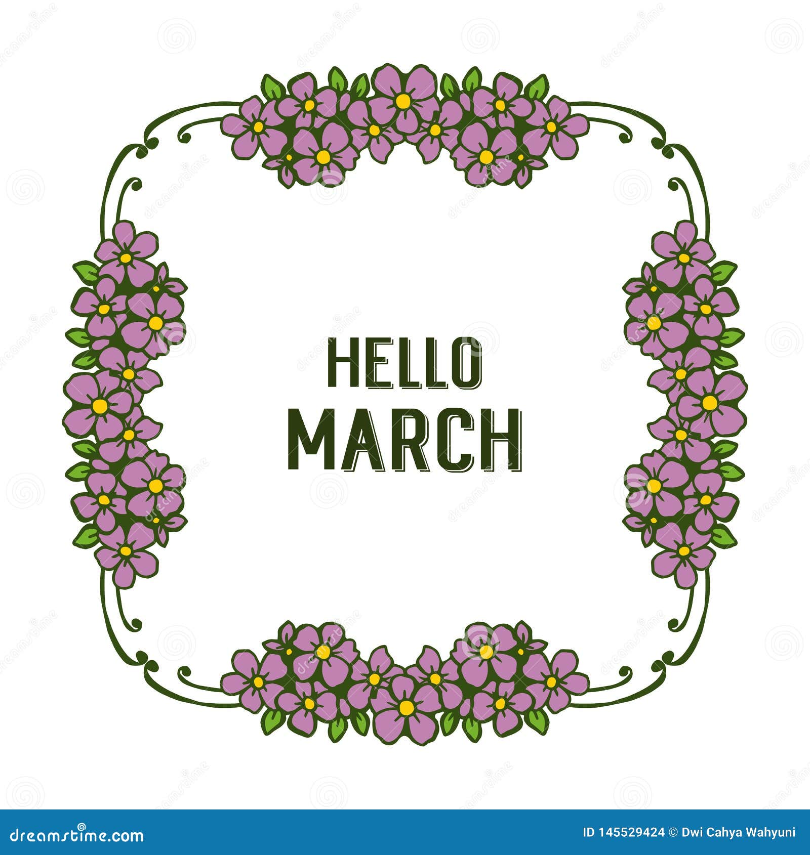 Vector Illustration Purple Flower Frame for Banner Hello March Stock ...