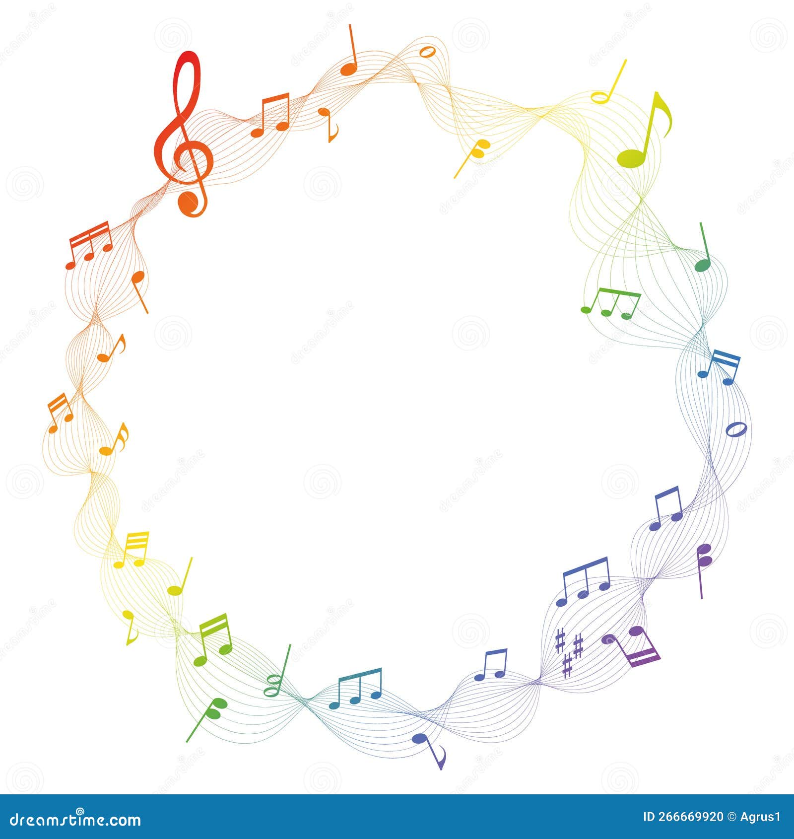 Vector Illustration of Rainbow Colored Sheet Music Circle Frame ...