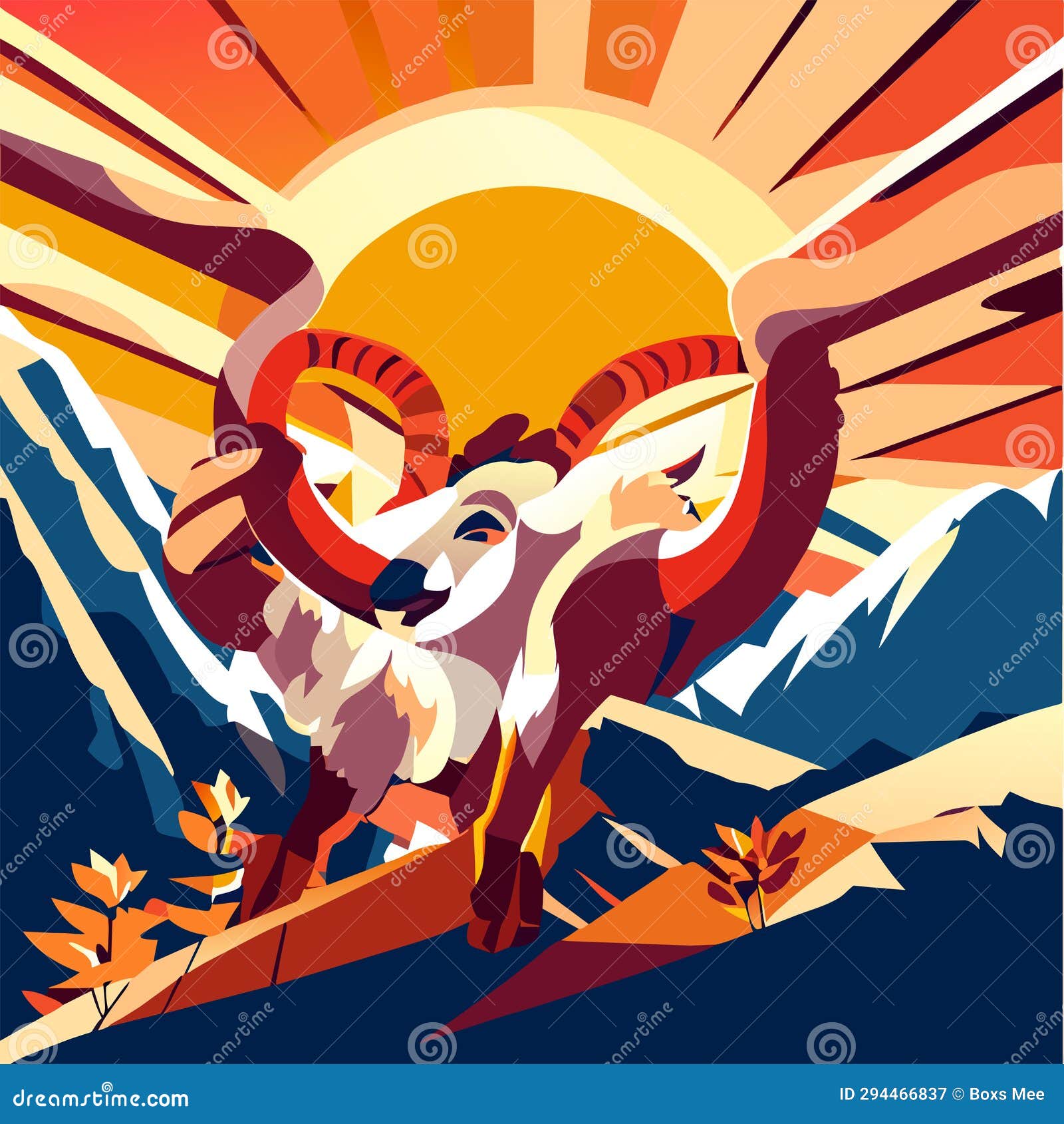 Vector Illustration of a Ram on the Background of the Sun and Mountains ...