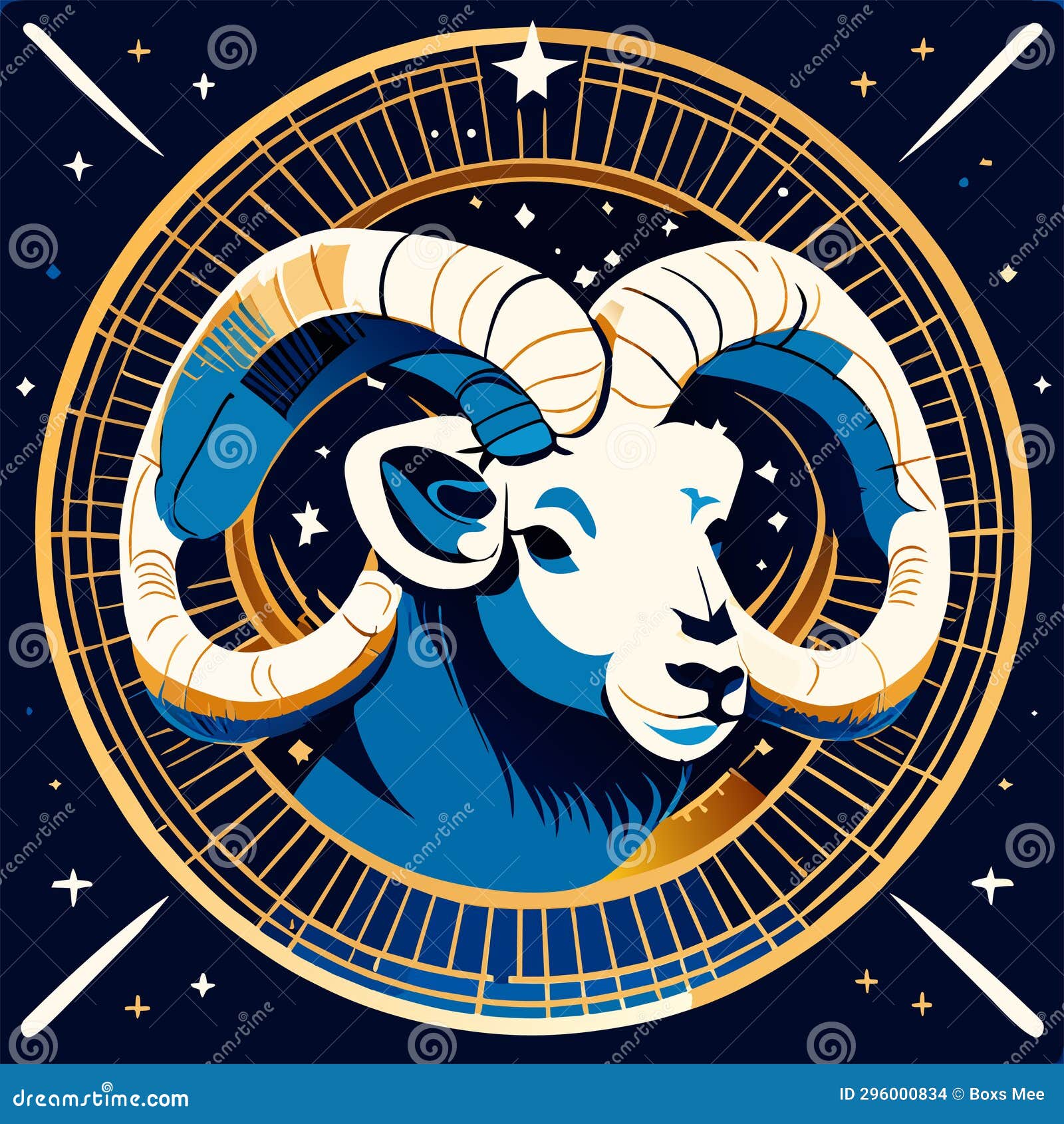 Vector Illustration of a Ram in a Circle with Stars and Space ...