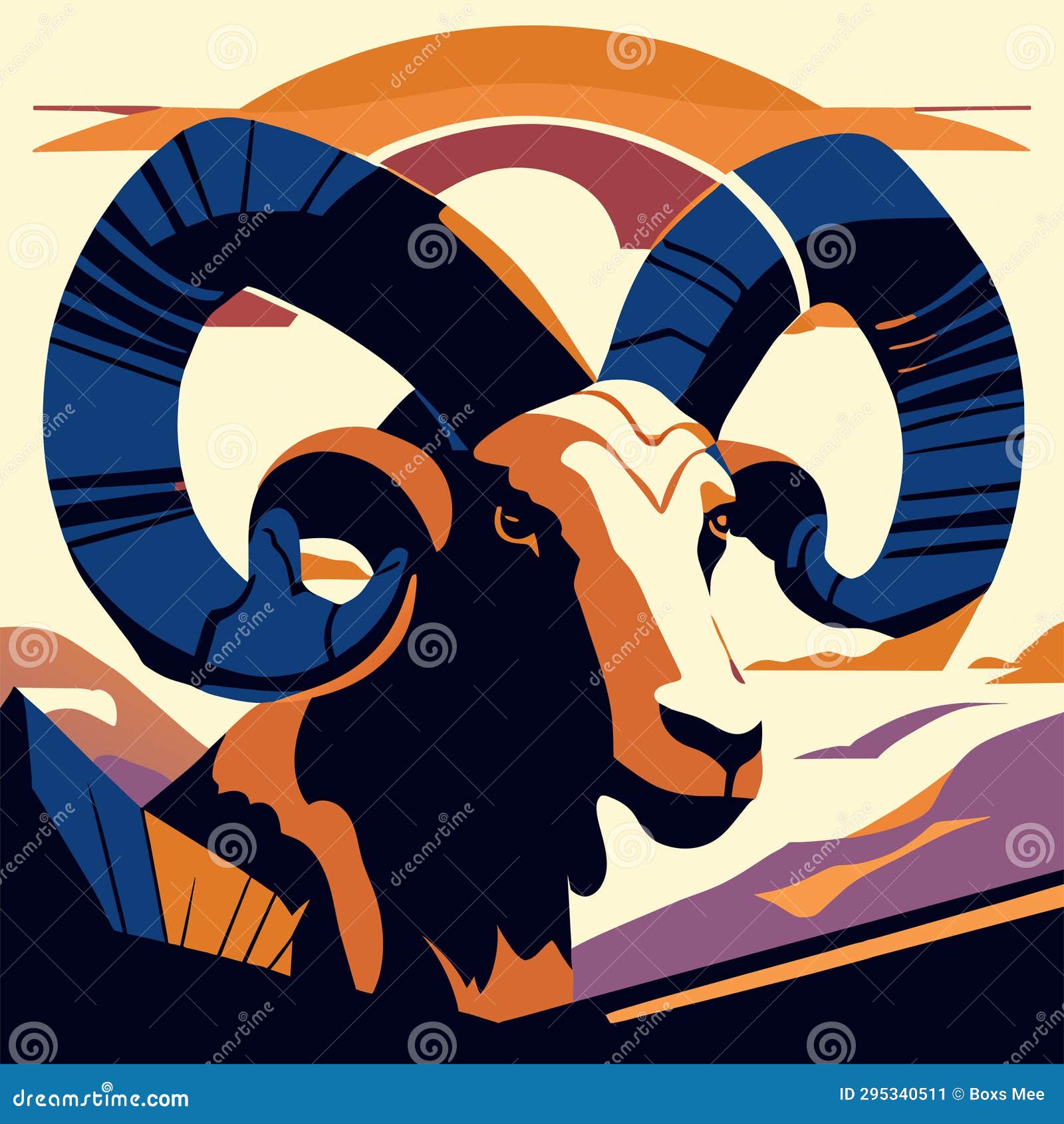 Vector Illustration of a Ram Head on the Background of the Mountains ...