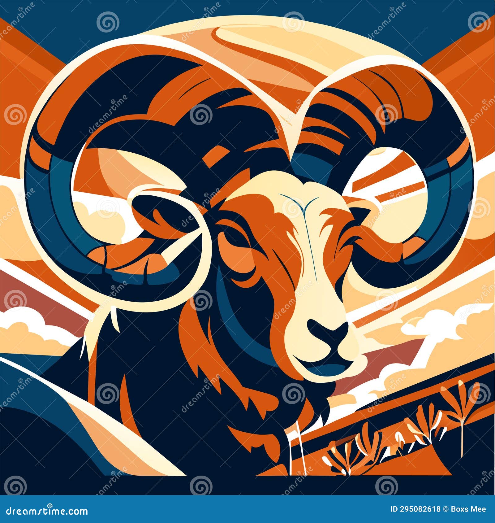 Vector Illustration of a Ram Head on a Background of Mountains and Blue ...