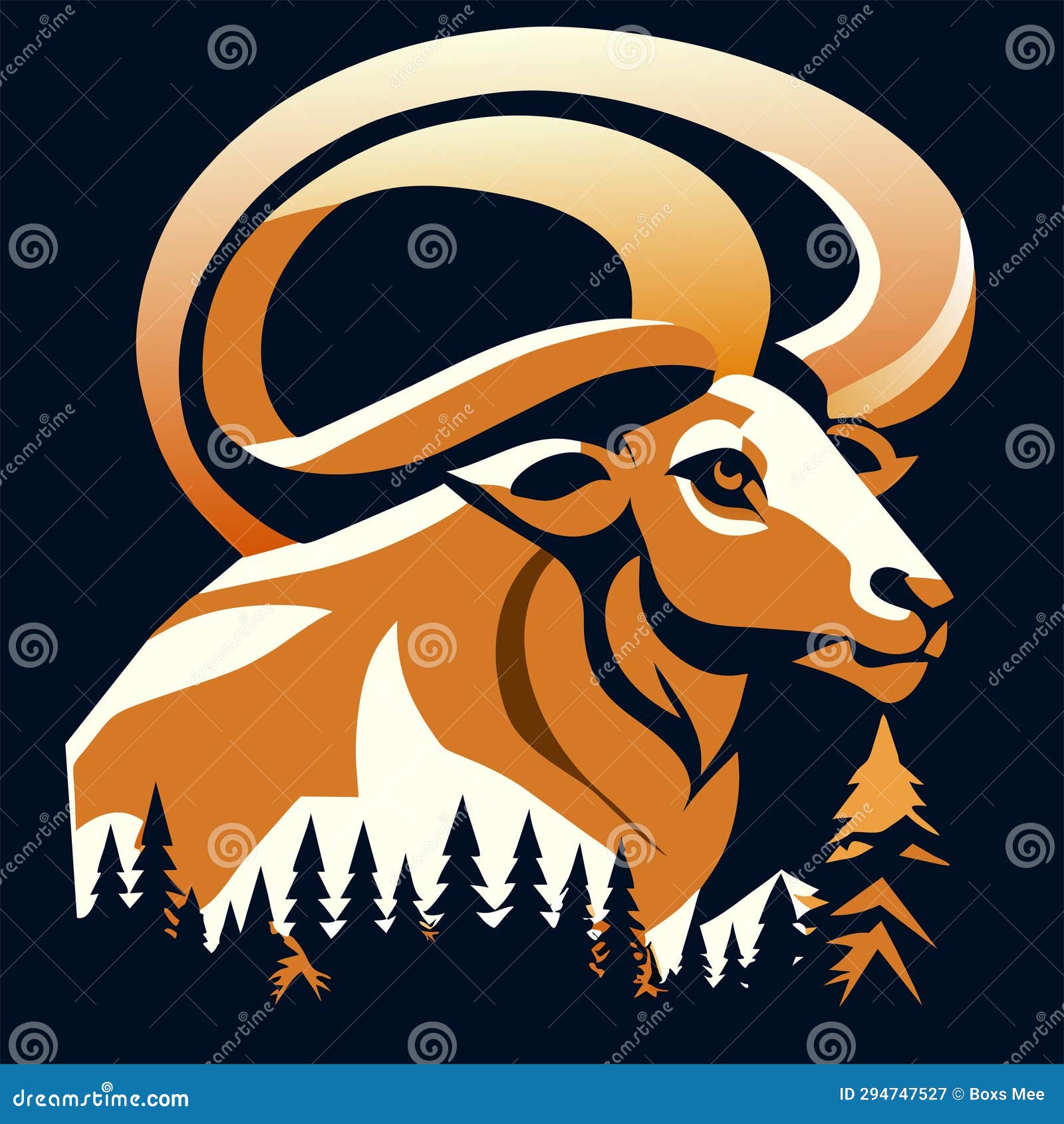 Vector Illustration of a Ram Head in the Forest with Pine Trees and ...