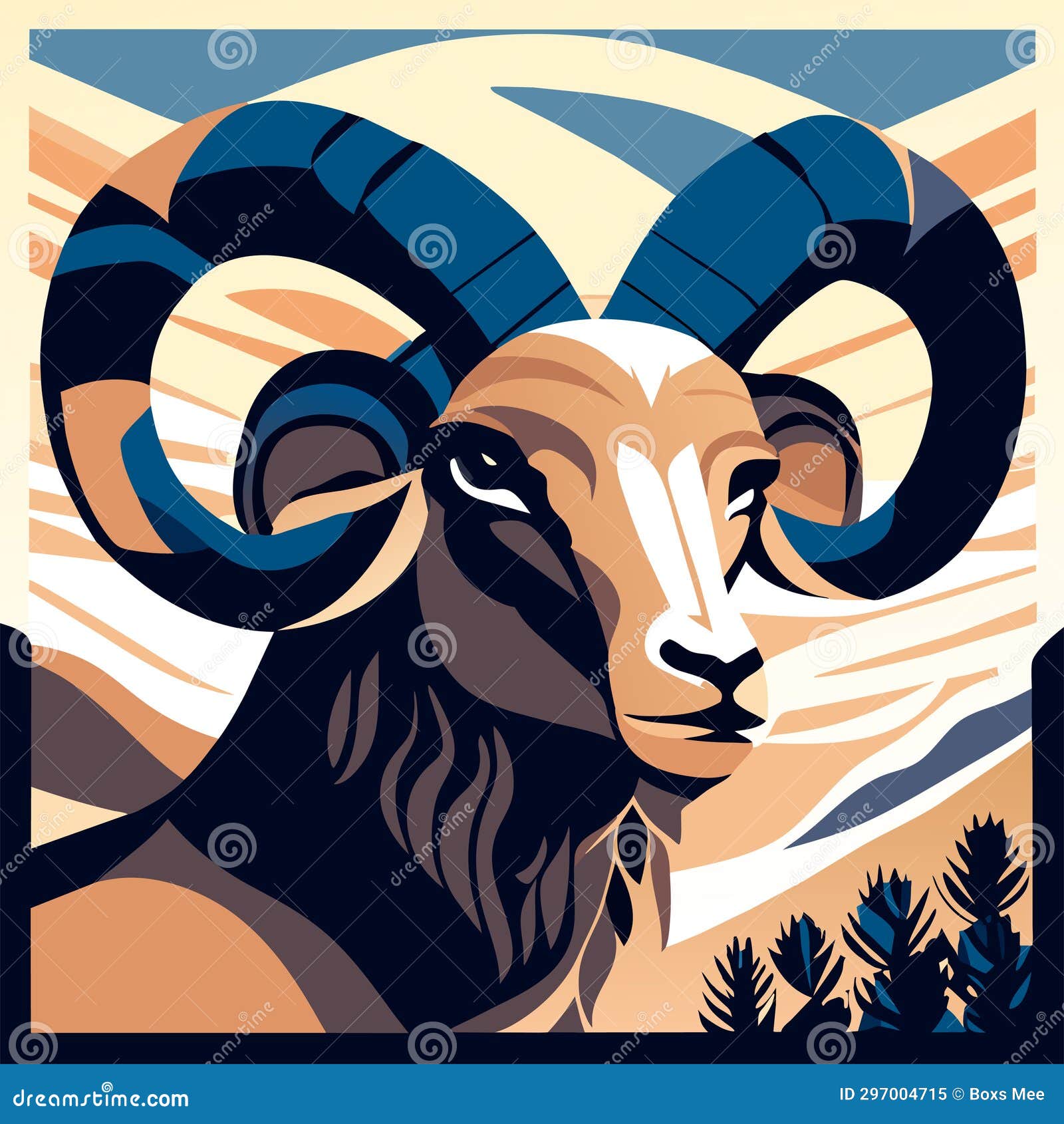 Vector Illustration of a Ram Head with Horns in the Background of the ...